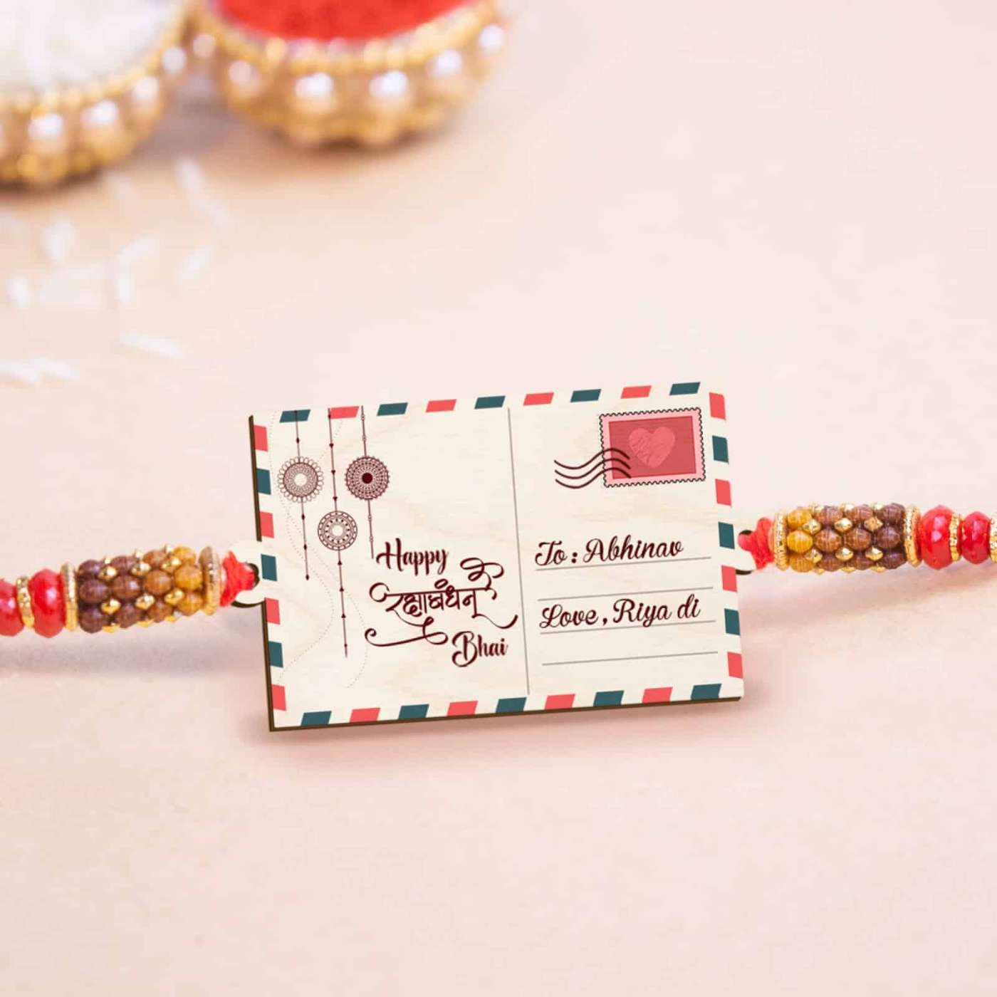 Buy Personalized Handmade Postcard Theme Wooden Rakhi With Roli Chawal ...