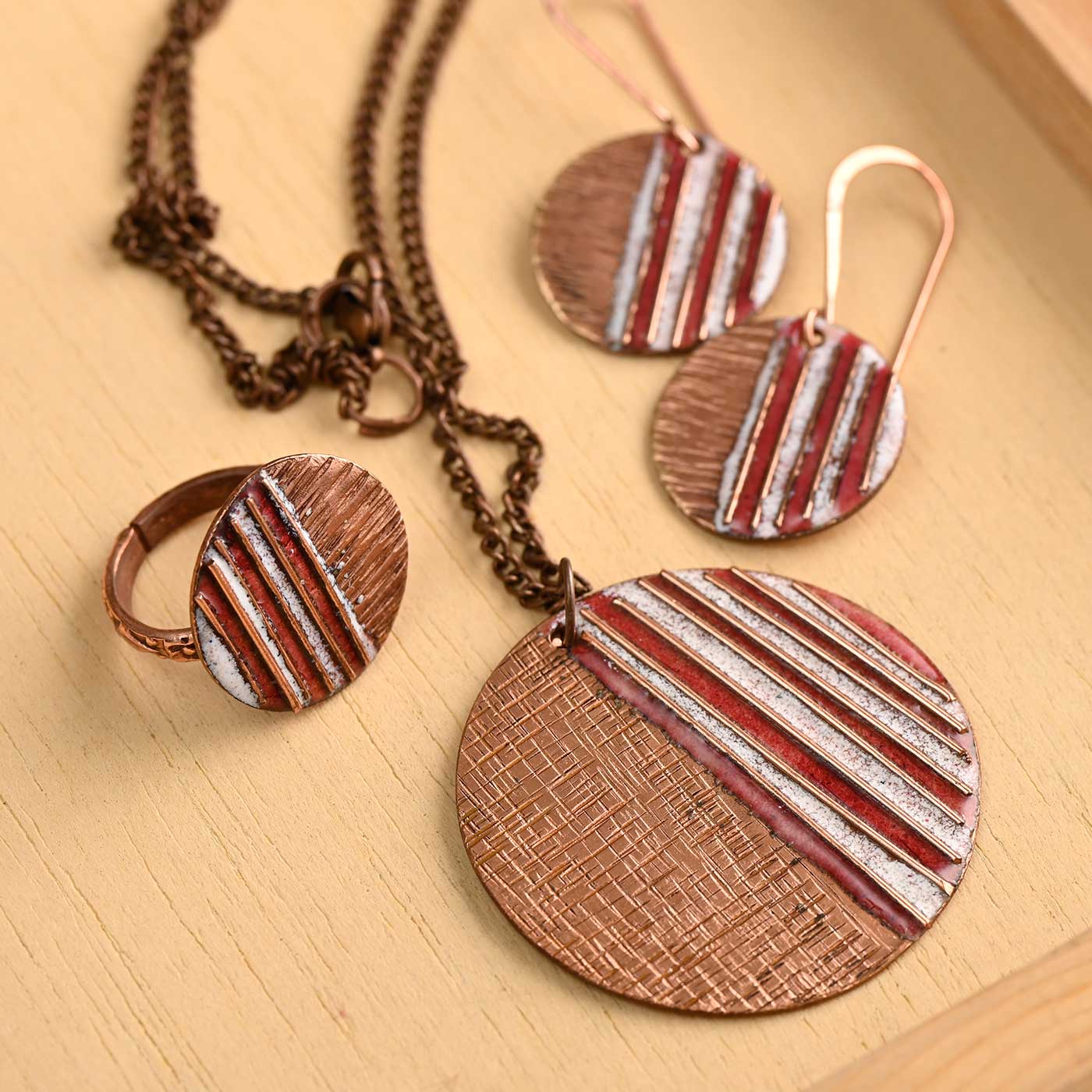Buy Hand Crafted Small Fire Copper Enamel Crinkle Set Online On Zwende