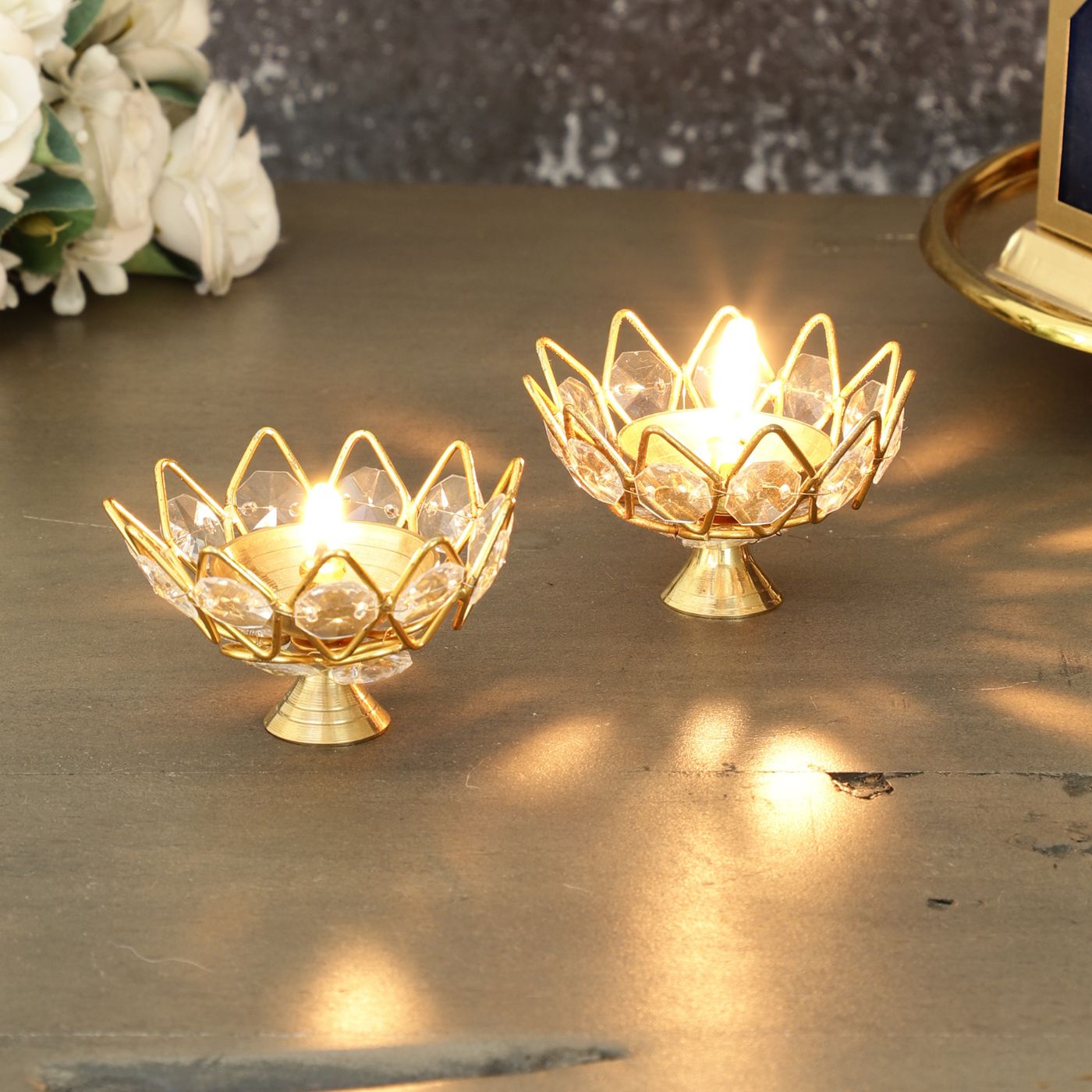 Buy Handmade 4 Inch Crystal Diya Metal Oil Lamp / Diya | Set Of 2 ...