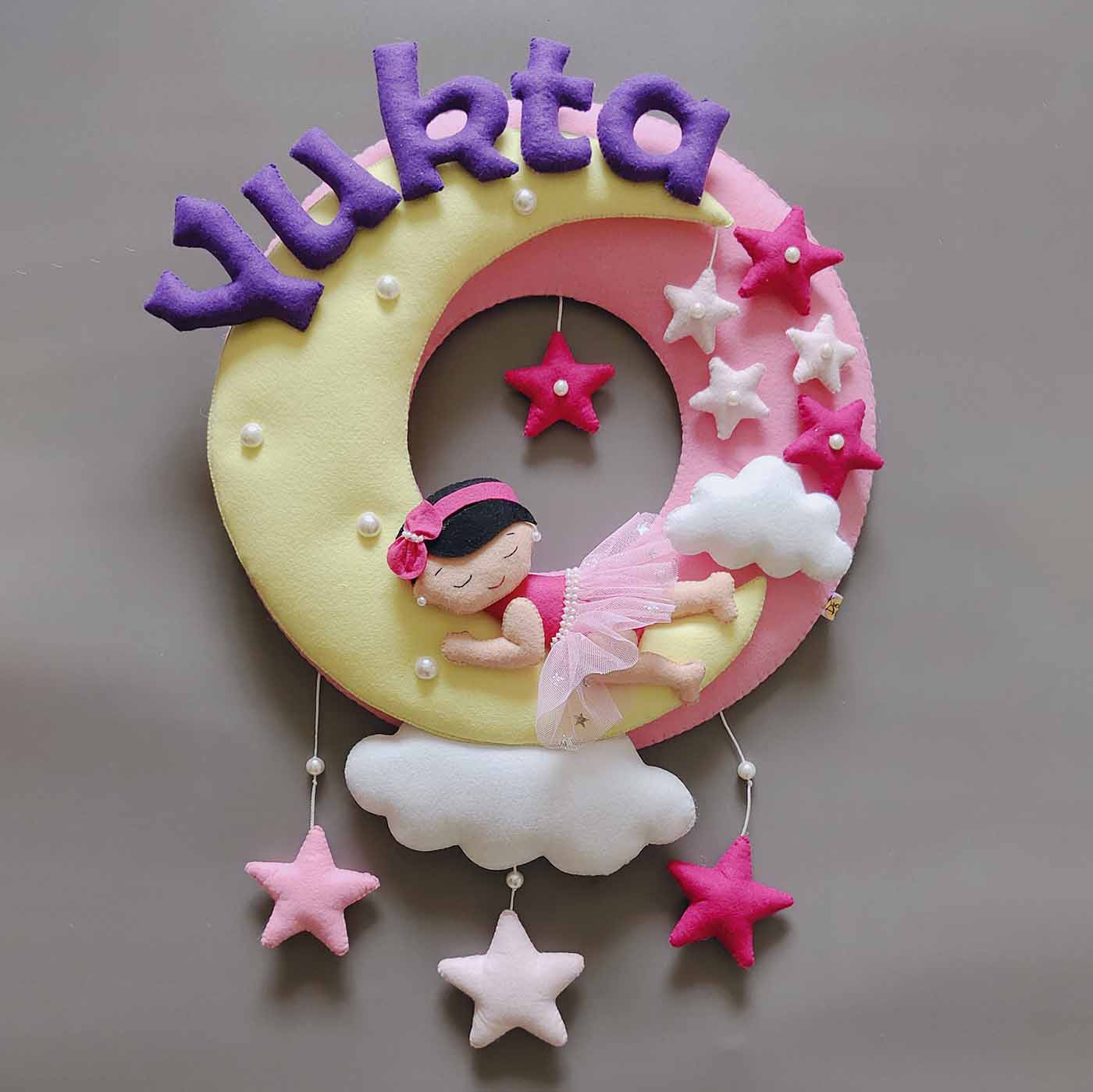 Buy Hand-stitched Baby on the Moon themed Round Felt Kids Name Plate ...
