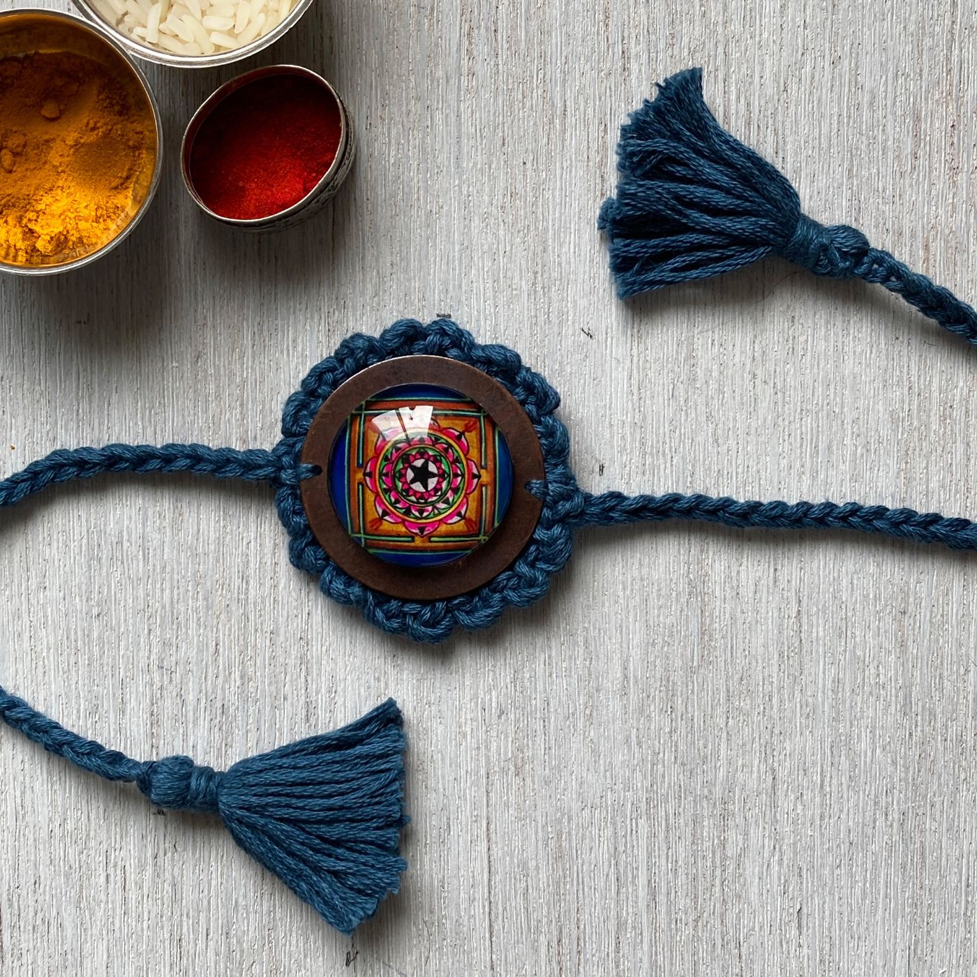 Buy Handcrafted Crochet Folk Art Mandala Rakhi With Rice, Roli, Haldi ...