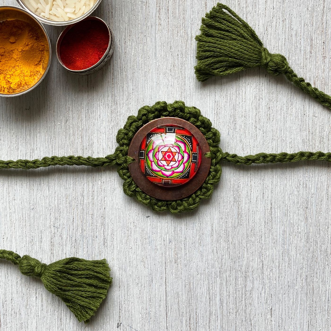 Buy Handcrafted Crochet Folk Art Mandala Rakhi With Rice, Roli, Haldi ...