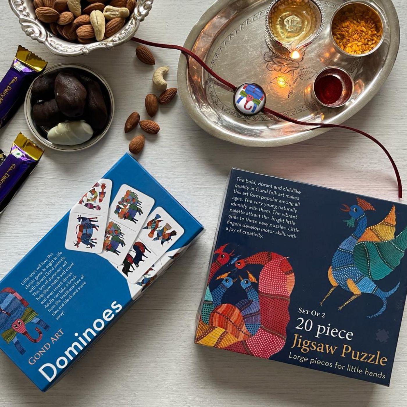 Buy Handcrafted Folk Art Rakhi Hamper For Kids With Rice, Roli, Haldi ...