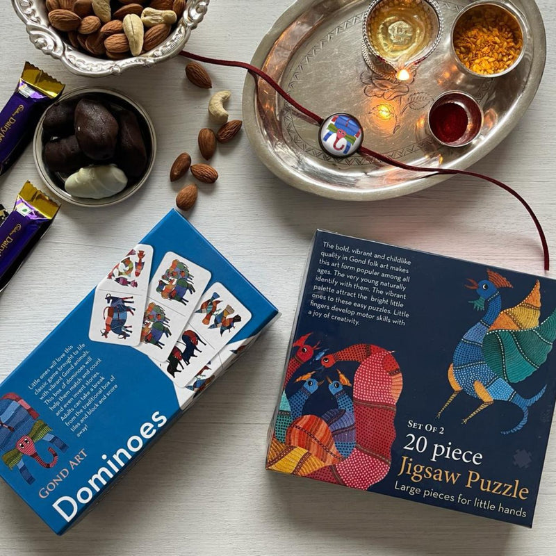 Handcrafted Folk Art Rakhi Hamper For Kids With Rice, Roli, Haldi – Zwende