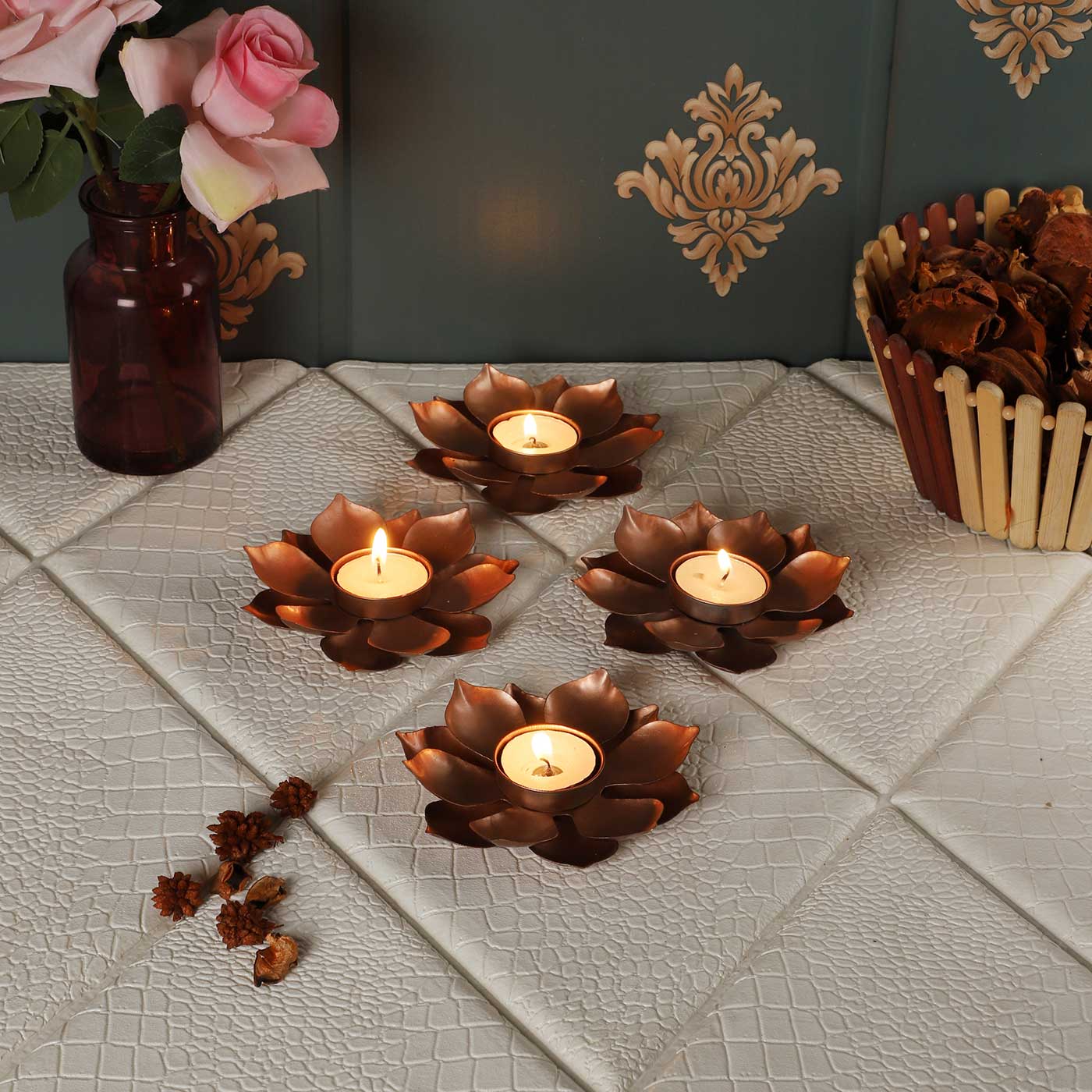 Buy Handmade Copper Flower Iron Tealight Holder | Set of 4 Online On Zwende
