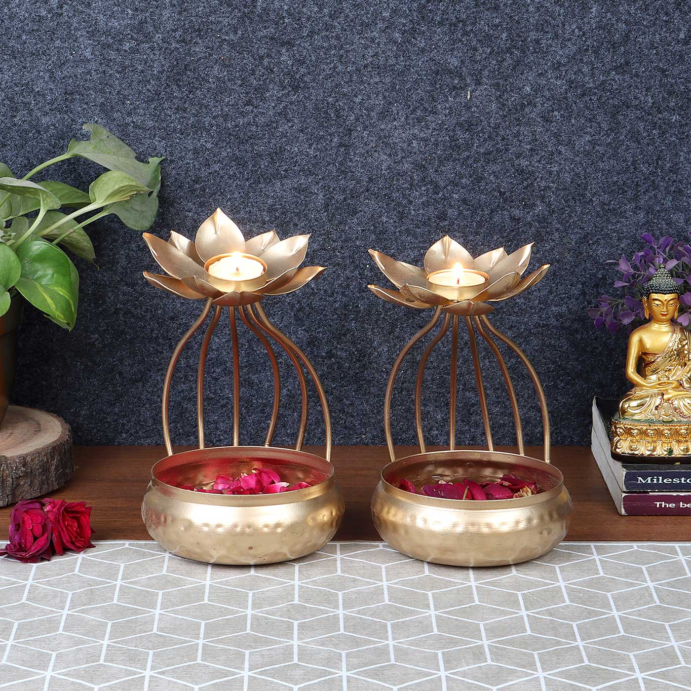 Buy Handmade Gold Bowl with Flower Urli | Set of 2 Online On Zwende