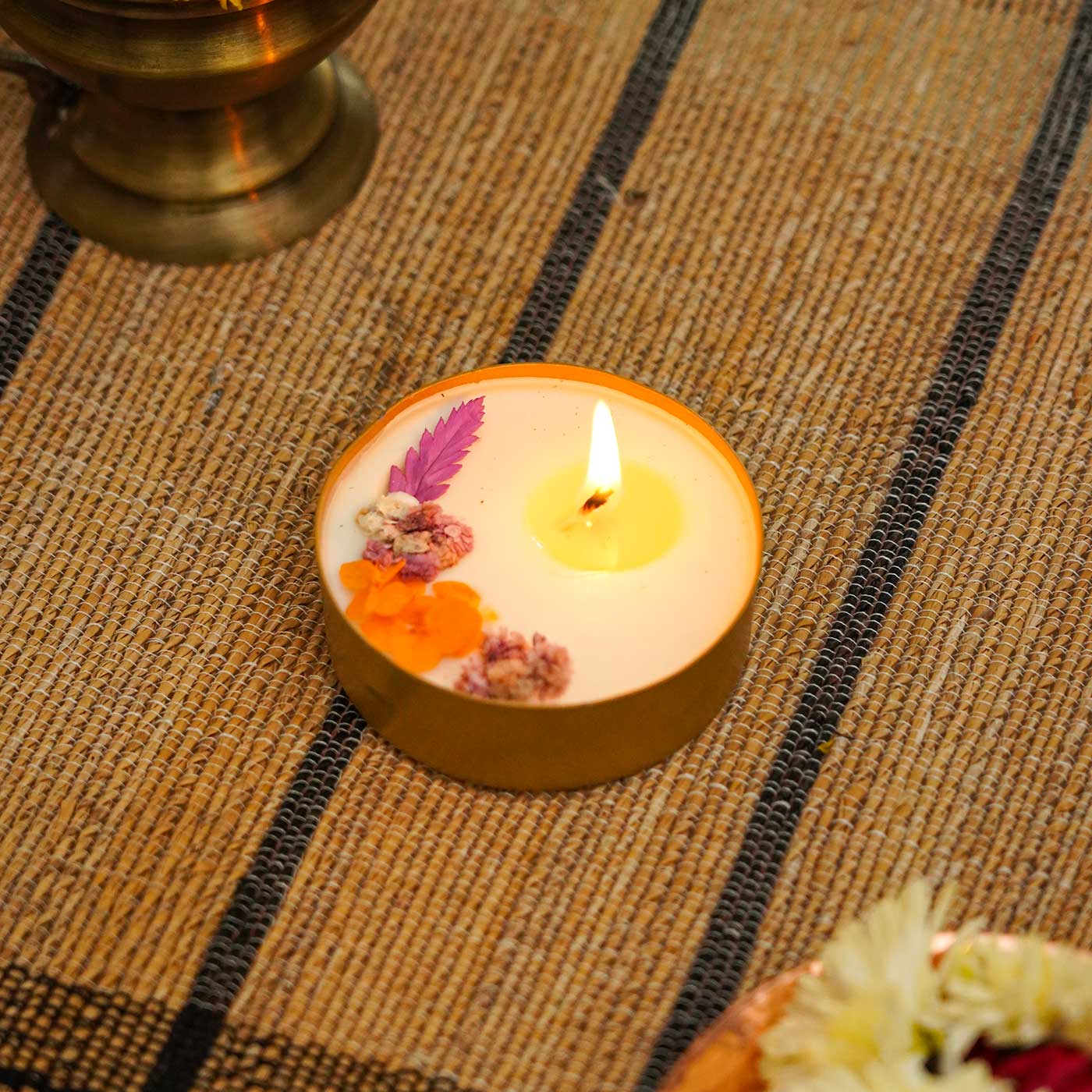 Buy 3 Inch, Handmade Copper Finish Urli Scented Candle With Dry Flowers ...