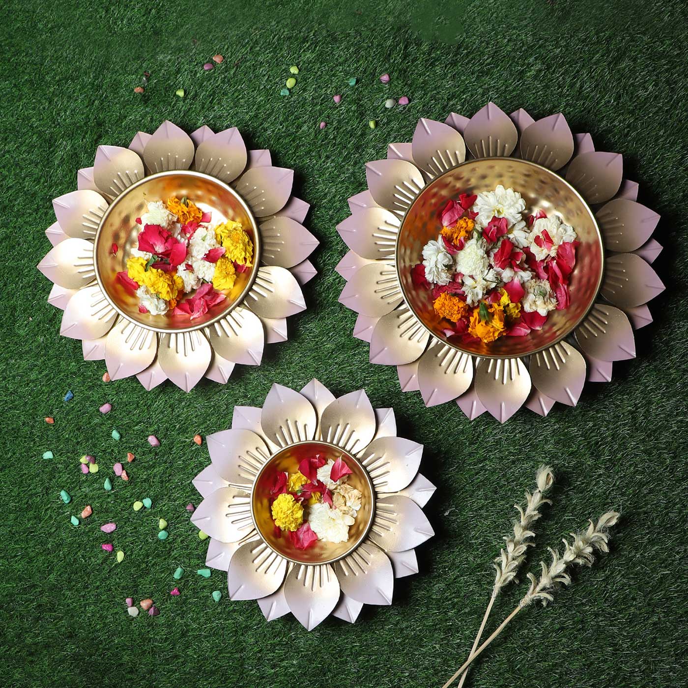 Buy Handmade Hammered Baby Pink FLower Urli | Set of 3 Online On Zwende