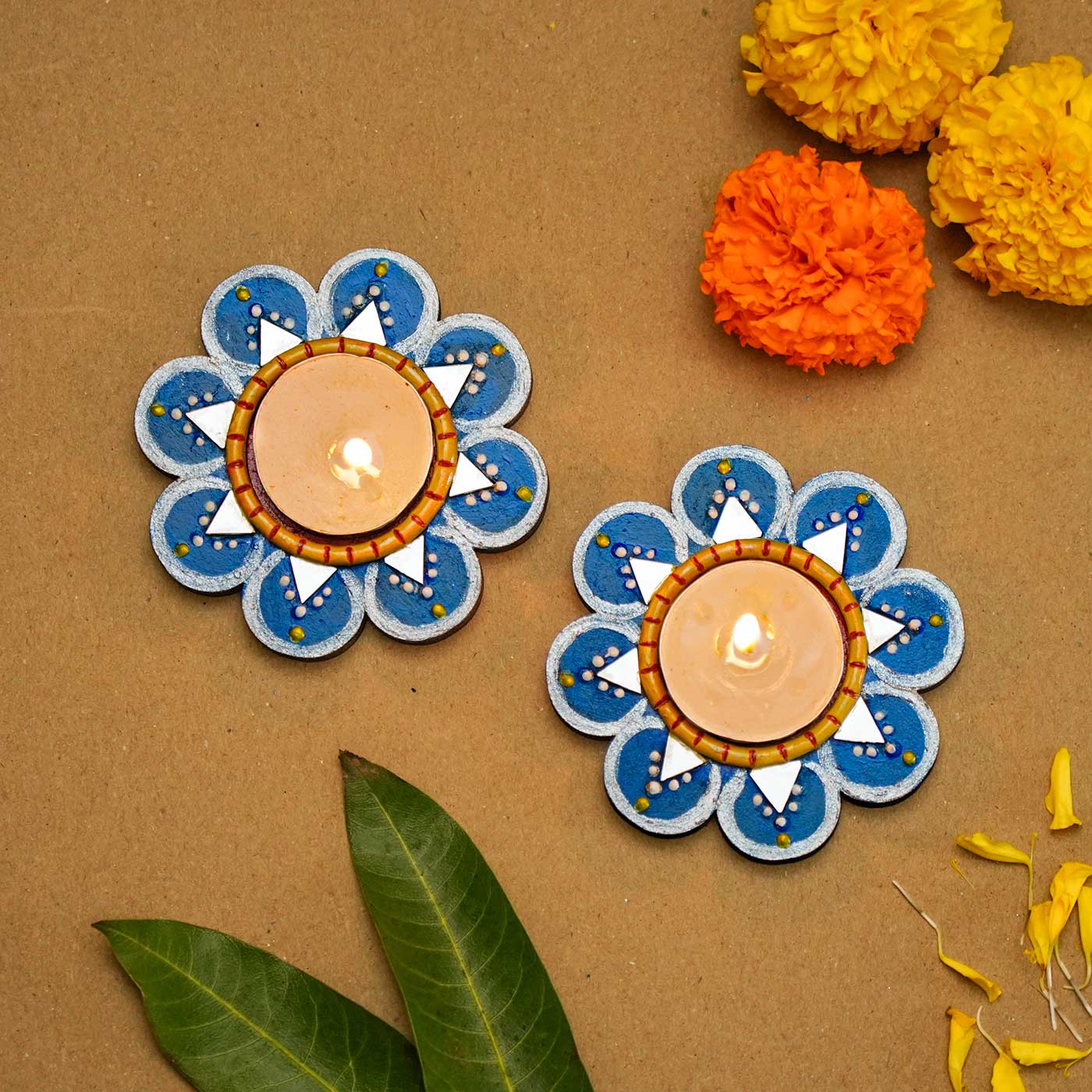 Buy Handmade Blue 8 Petal Mdf Wood Tealight Holder | Set of 2 Online On ...