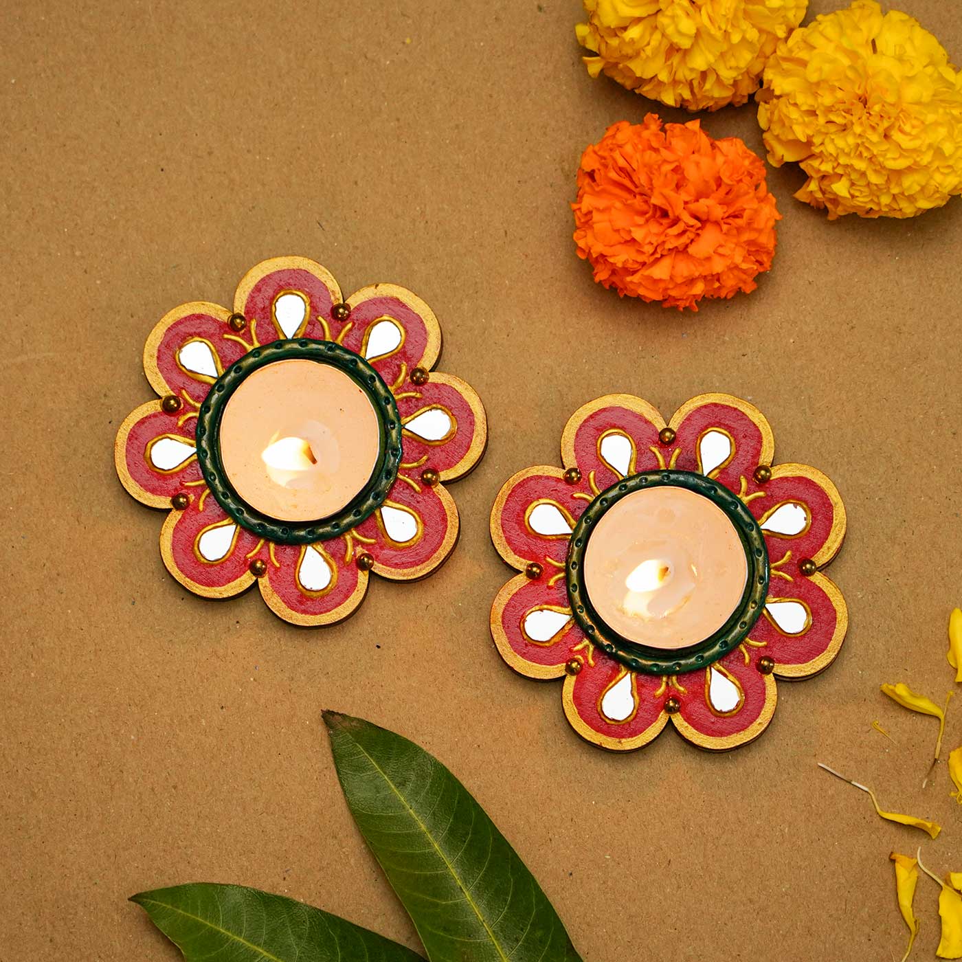 Buy Handmade Red 8 Petal Mdf Wood Tealight Holder | Set of 2 Online On ...