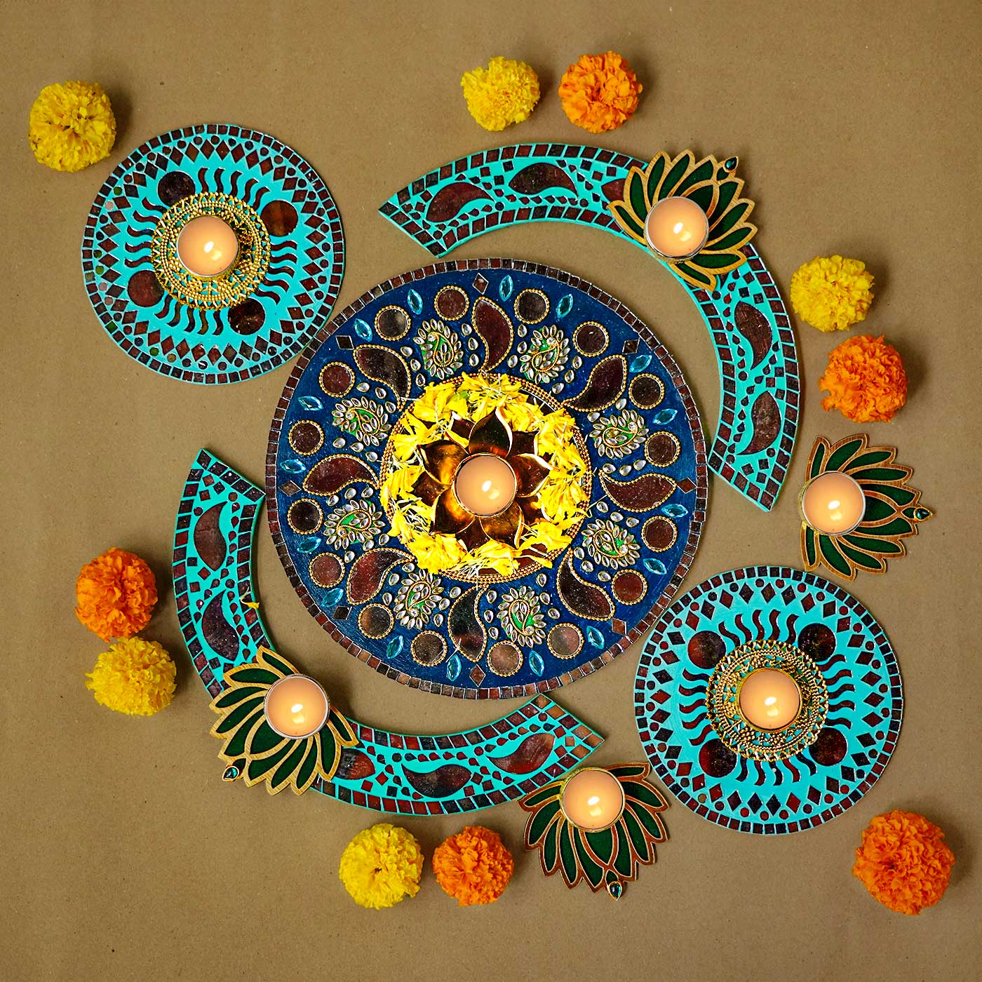 Buy 10 Pc Handmade Torquise Mosaic Rangoli Decor Set Online On Zwende