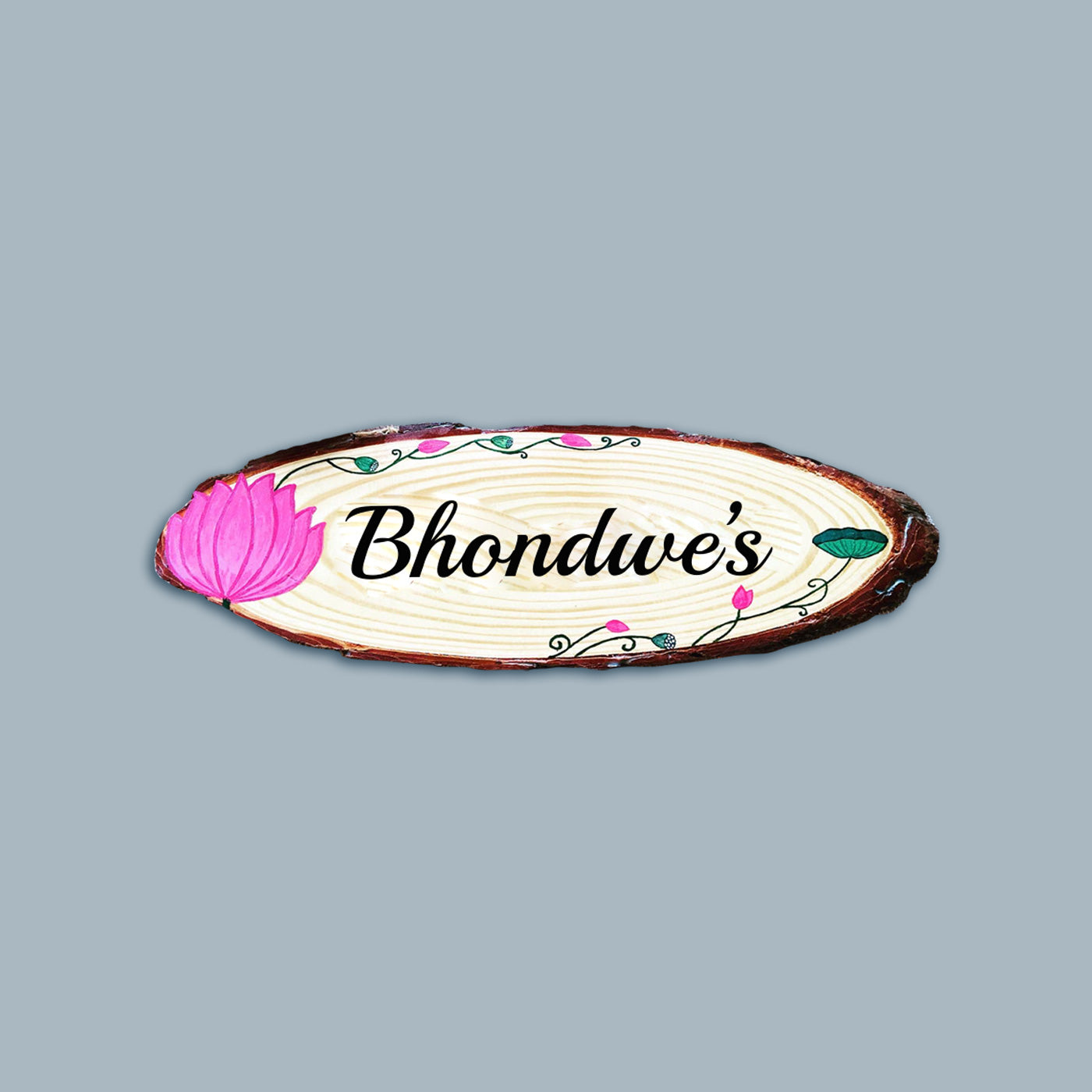 Buy Handcrafted Personalized Lotus Oval Pinewood Nameplate Online On Zwende
