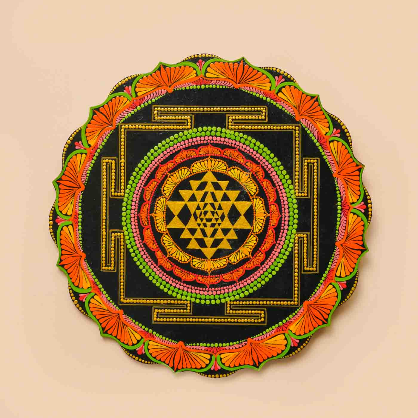 Buy Hand-Painted Blue & Orange Dot Art Mandala Sri Yantra Mdf Wood Wall ...