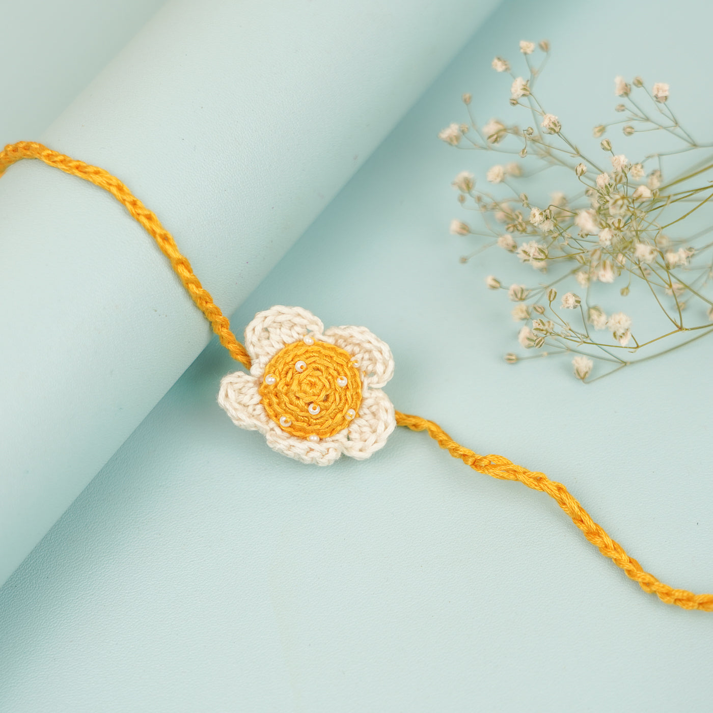 Buy Handmade Crochet White & Golden Phool Rakhi With Roli Chawal Online ...