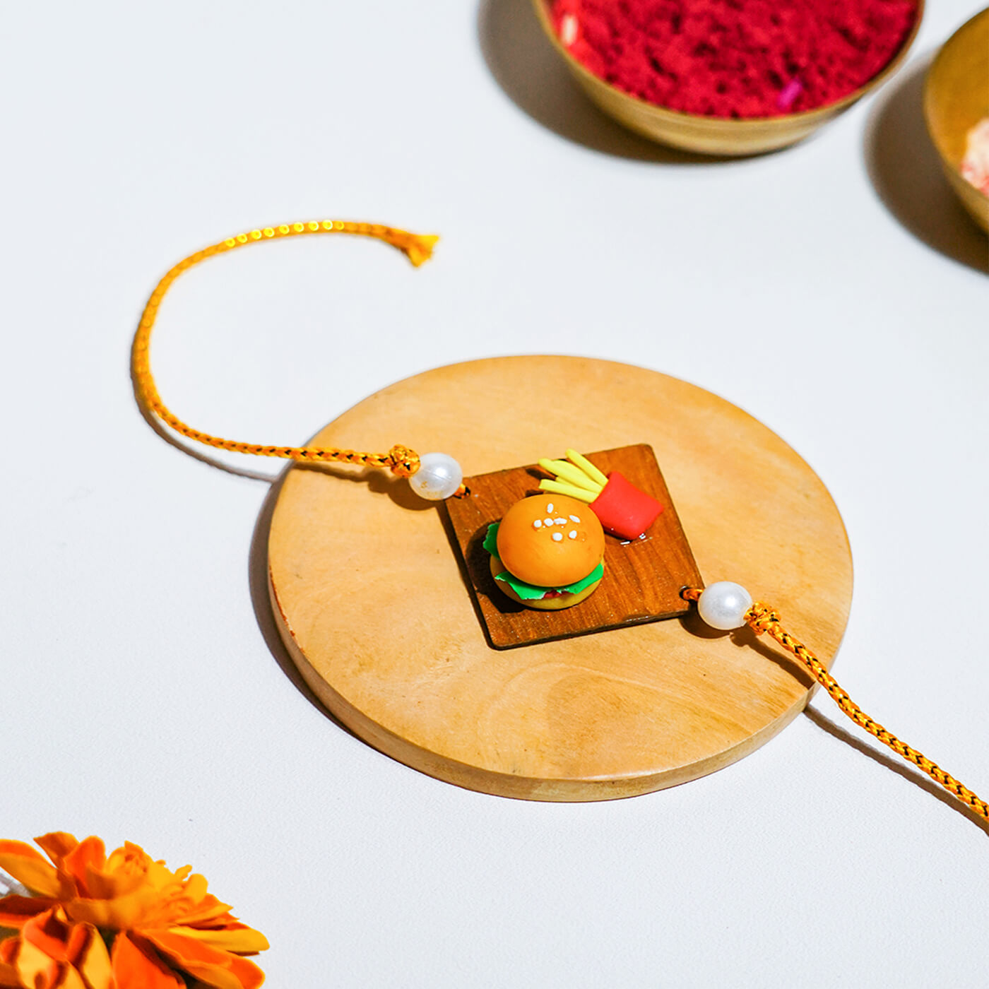 Buy Handmade Hamburger Food Themed Clay Rakhi With Roli Chawal Online ...