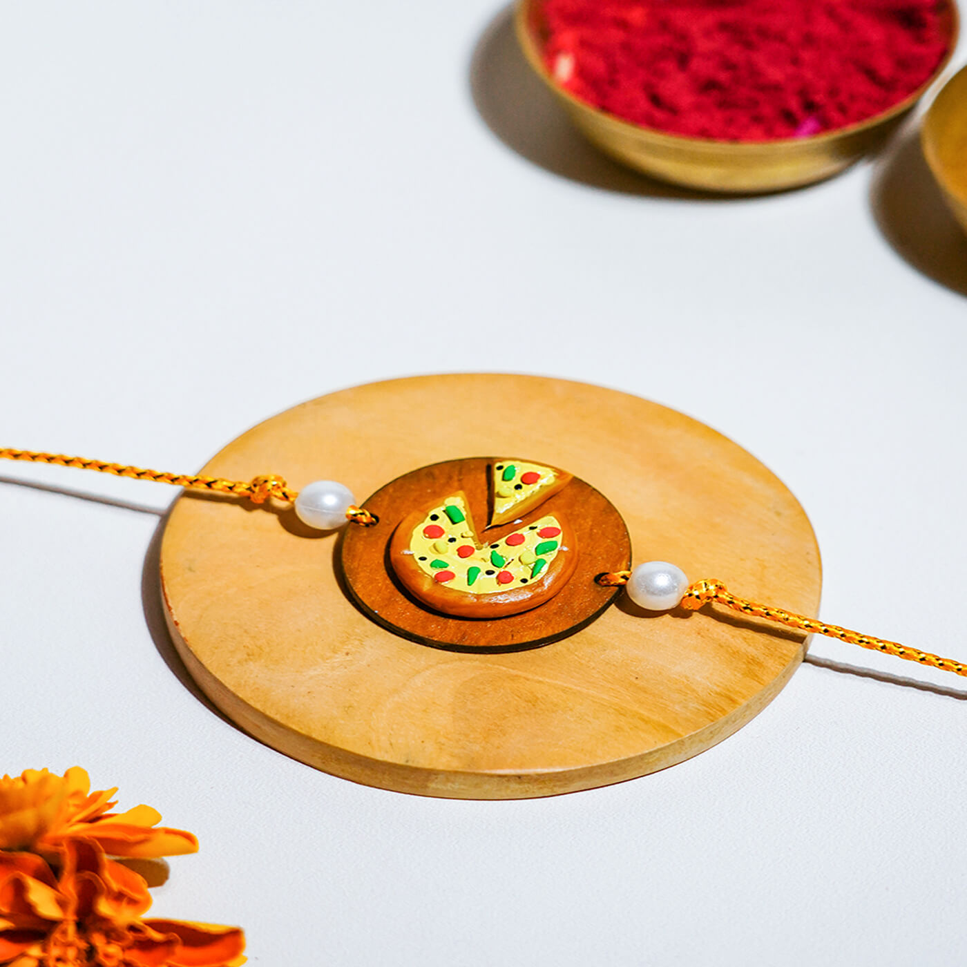 Buy Handmade Pizza Food Themed Clay Rakhi With Roli Chawal Online On Zwende