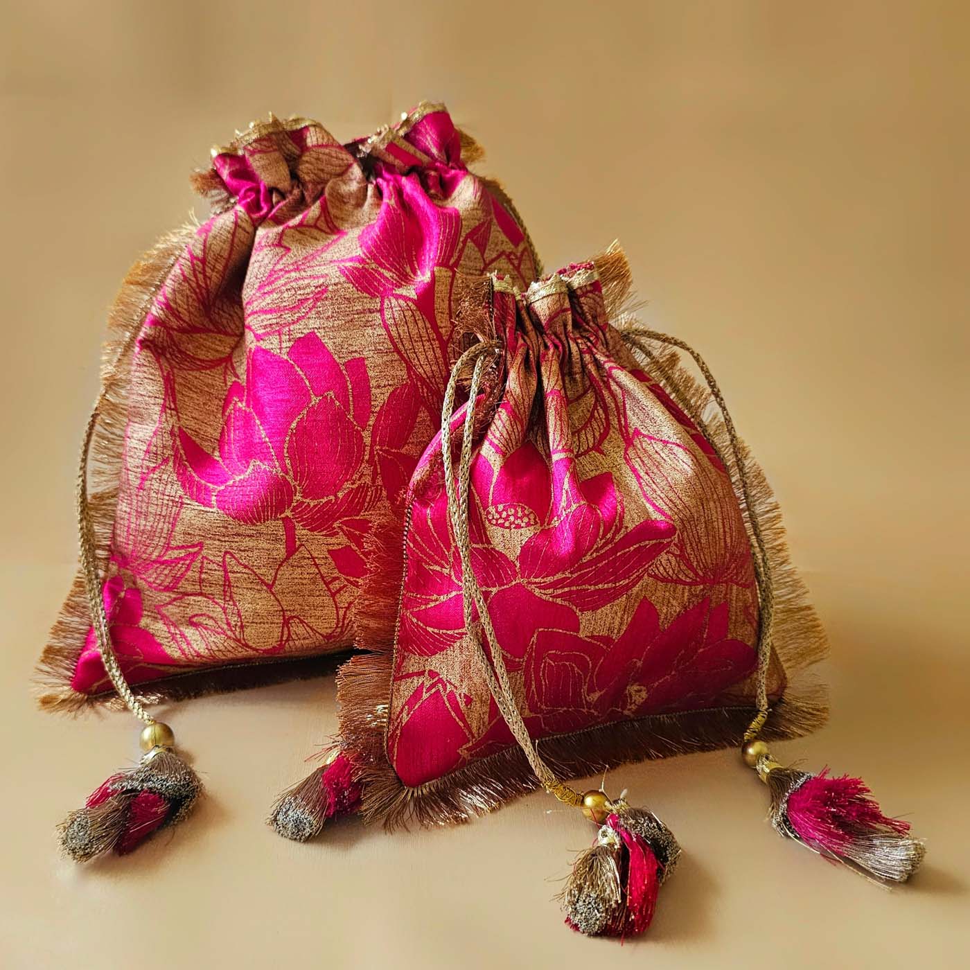 Buy Handmade Pink Lotus Design Silk Potli Online On Zwende