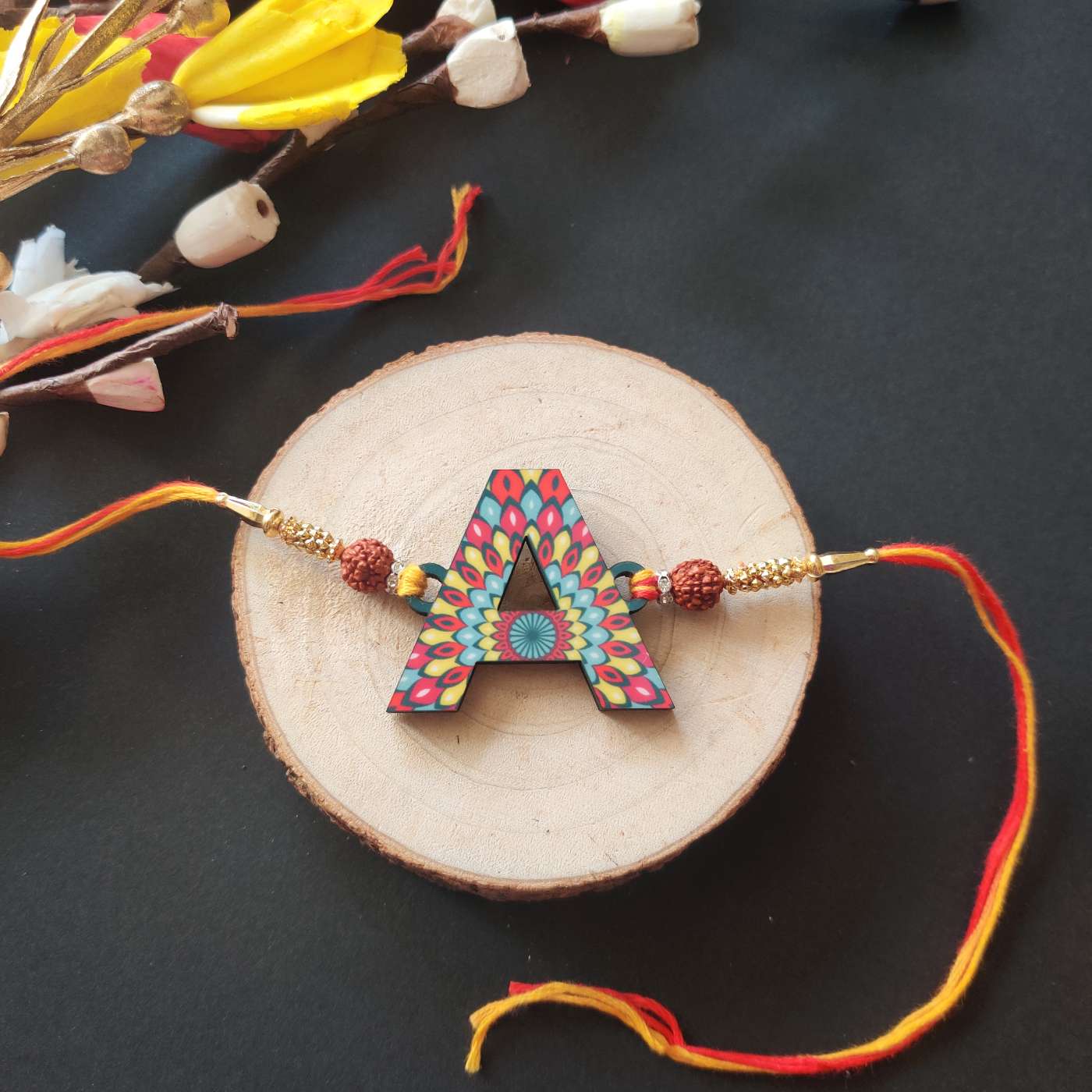 Buy Personalized Handmade Printed Alphabet Wooden Rudraksha Rakhi With ...