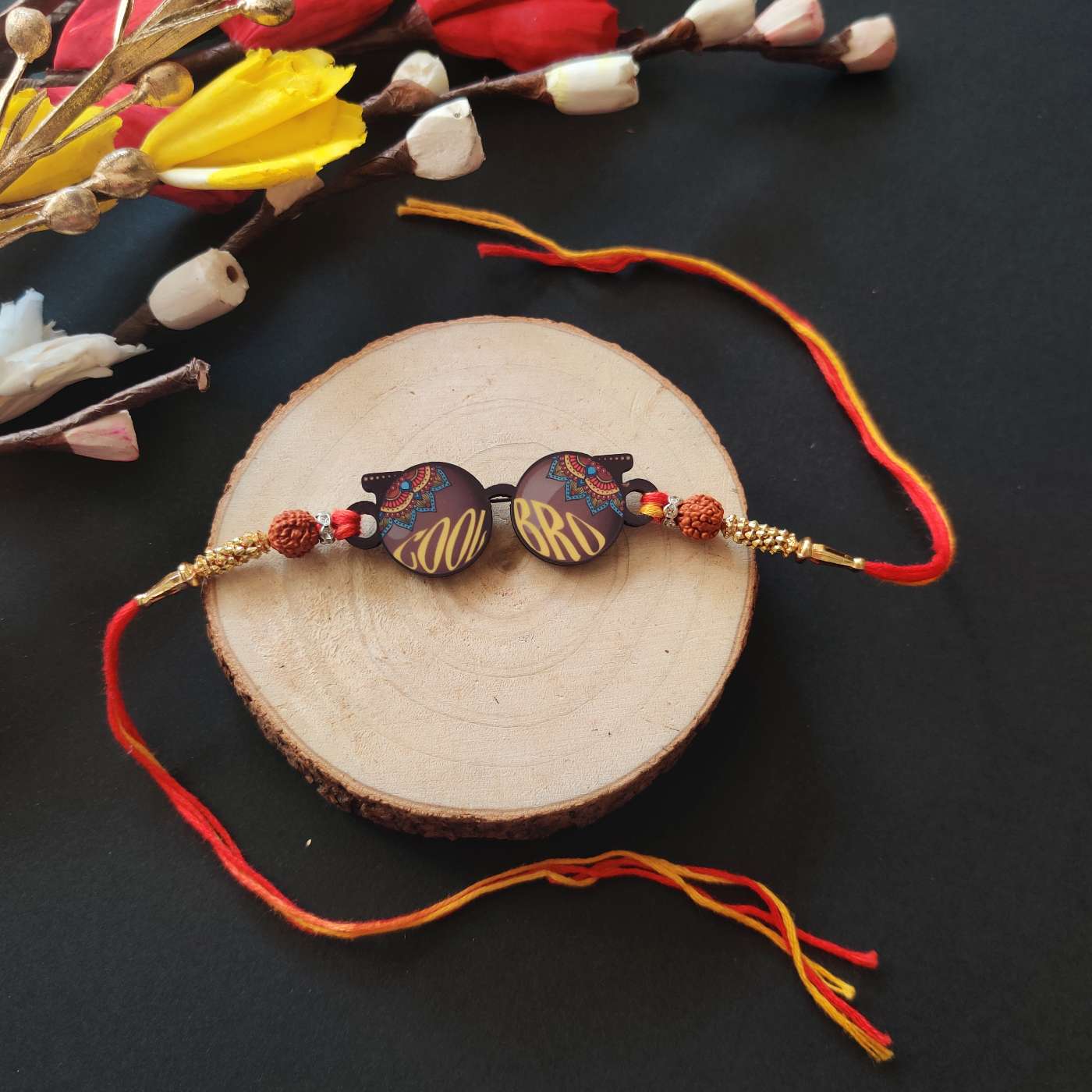 Buy Handmade Printed Cool Bro Wooden Rudraksha Rakhi With Roli Chawal ...