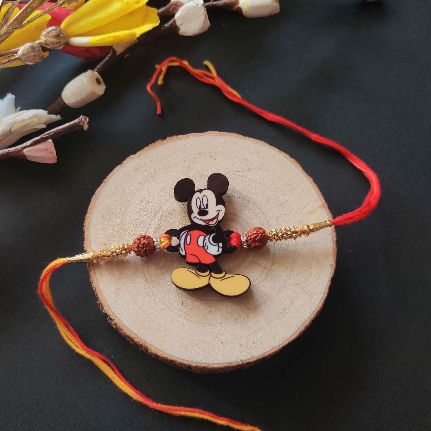 Buy Handmade Printed Mickey Wooden Rudraksha Rakhi With Roli Chawal ...