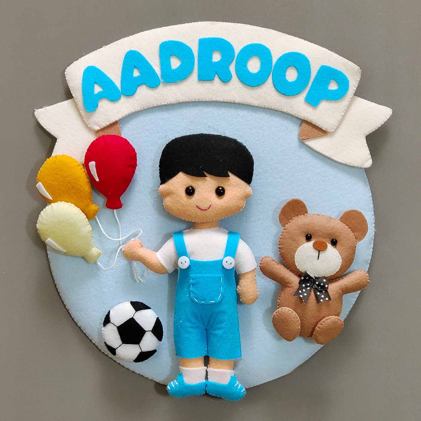 Buy Hand-stitched Teddy & Sports Themed Round Felt Kids Name Plate for ...