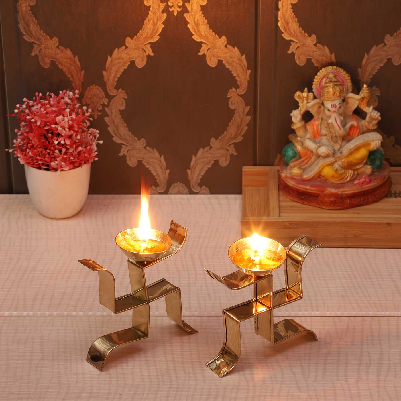 Buy Handmade Standing Satiya Brass Oil Lamp / Diya | Set of 2 Online On ...