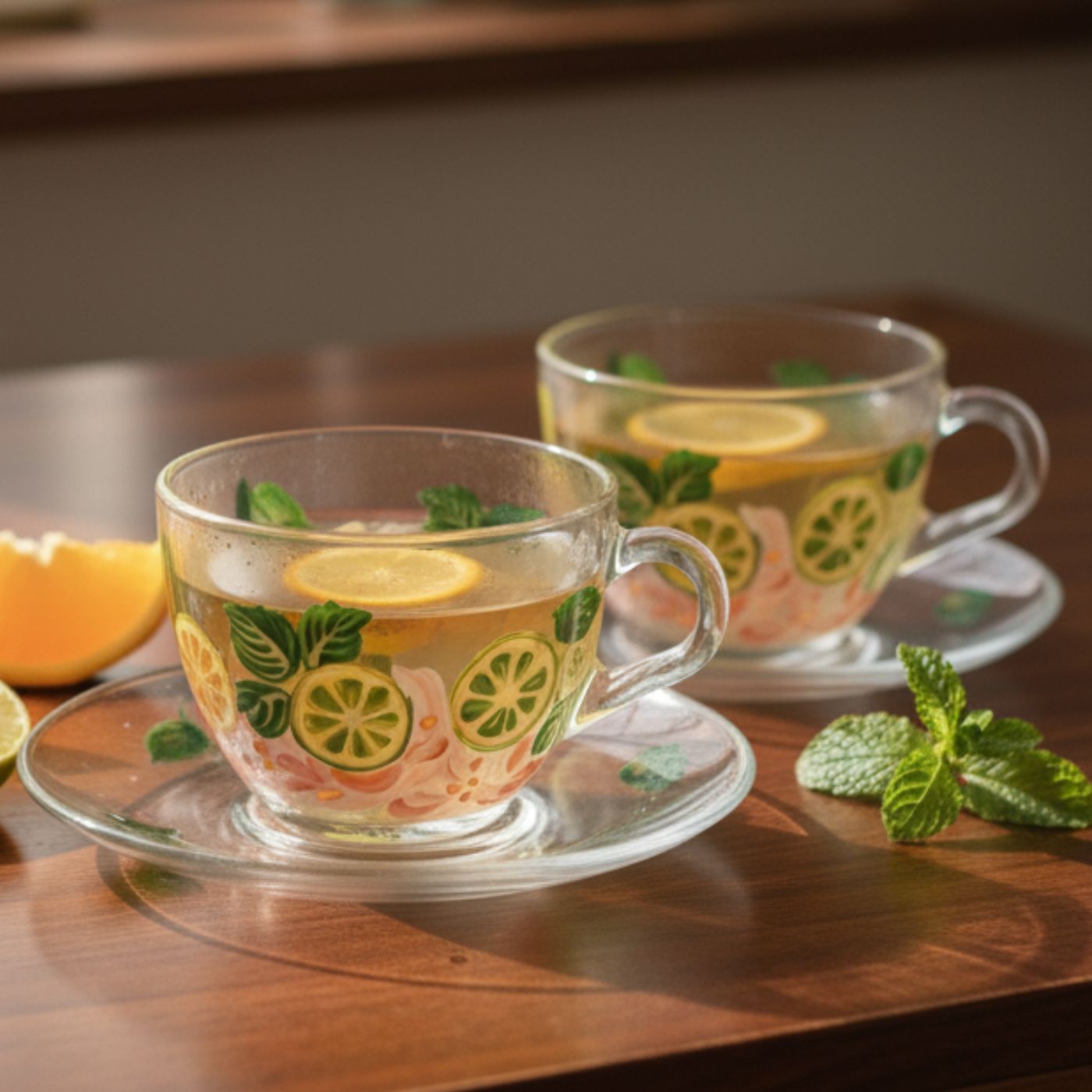 Buy Hand-Painted Lime Lush Glass Tea Cups With Saucers Online On Zwende
