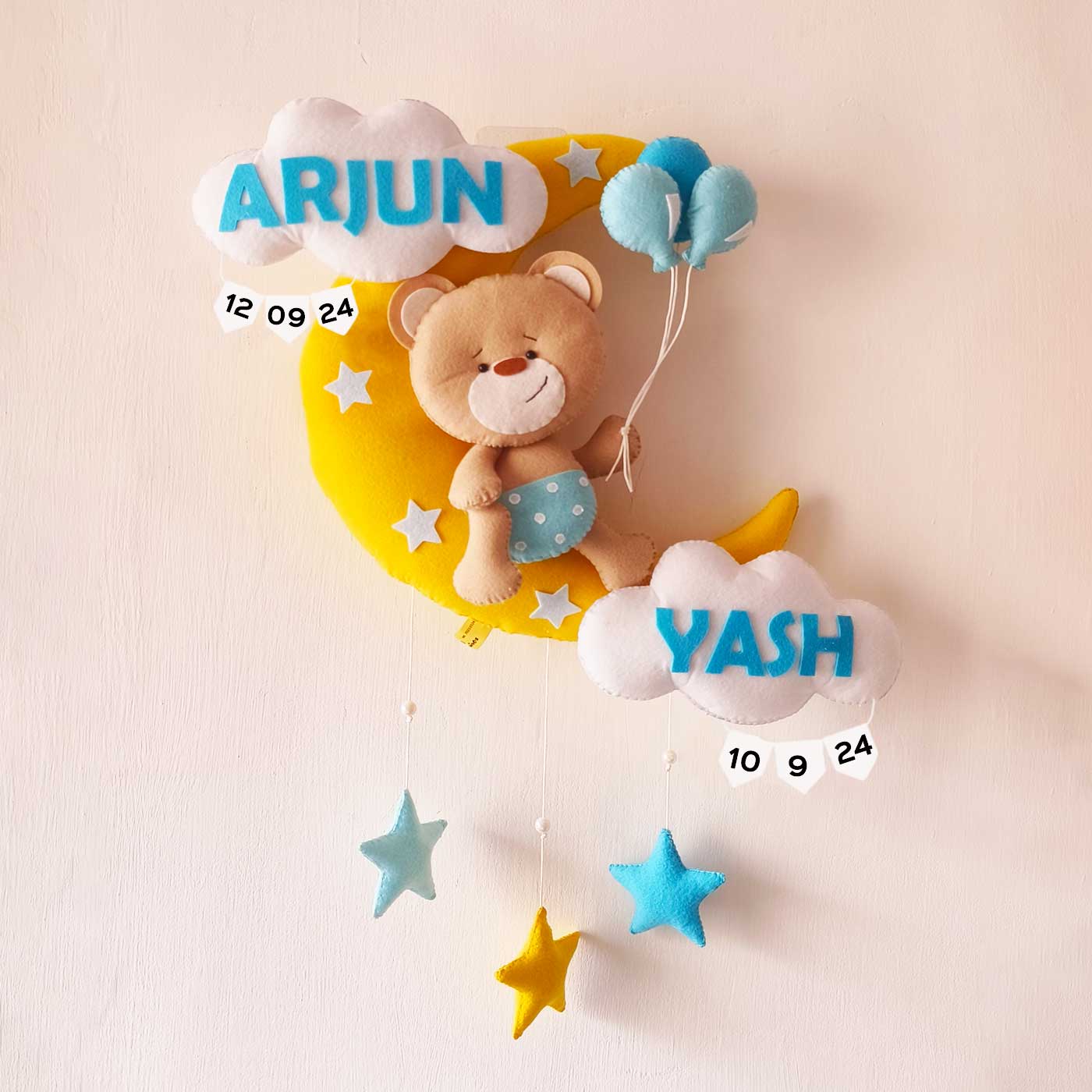 Buy Hand-stitched Teddy Themed Felt Moon Nameplate with Birthdate For ...
