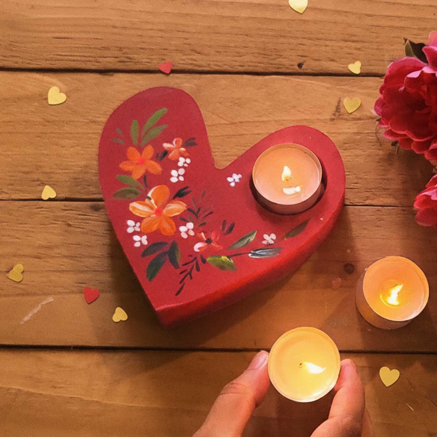 Buy Hand-Painted Red Heart MDF Tealight Holder Online On Zwende