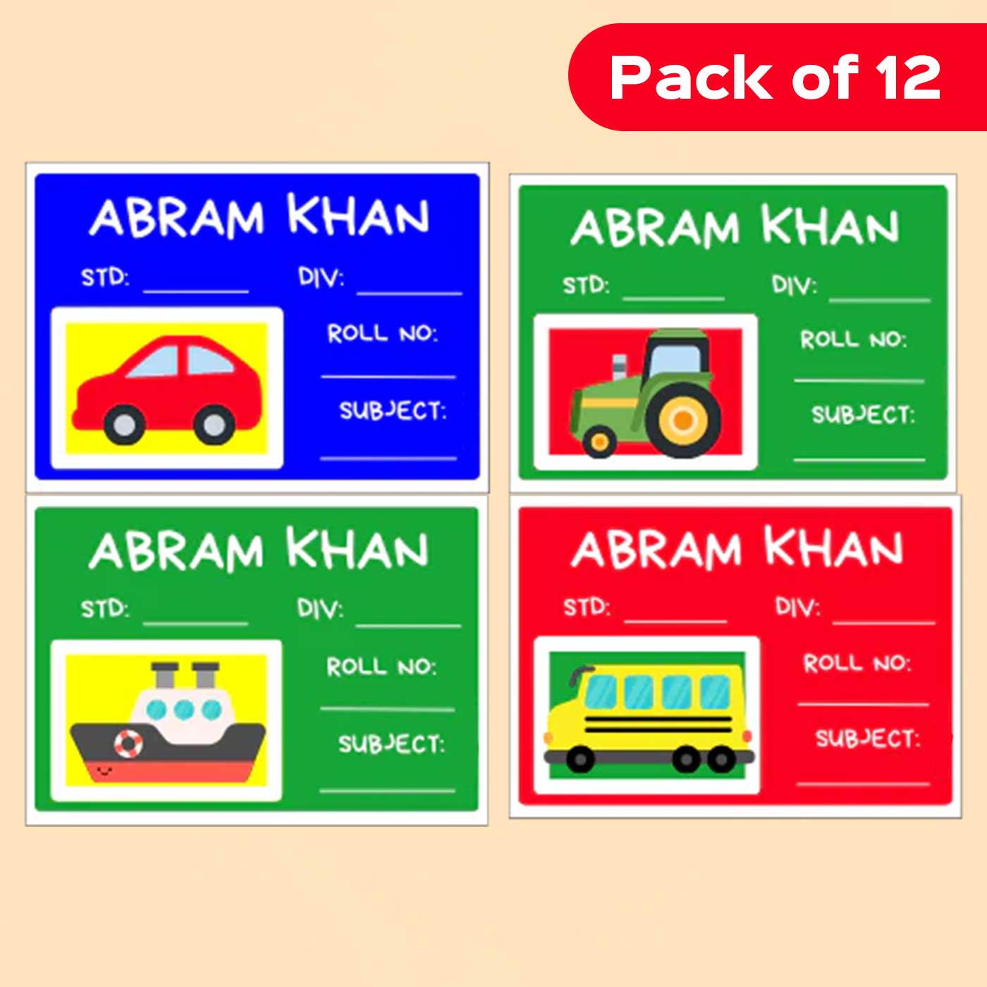 Buy Personalized Vehicles Waterproof Book Labels Stickers | Set of 12 ...