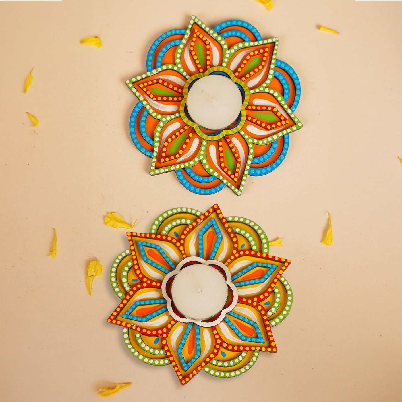 Buy Hand-Painted Dot Art Multicolor MDF Wood Tealight Holder | Set Of 2 ...