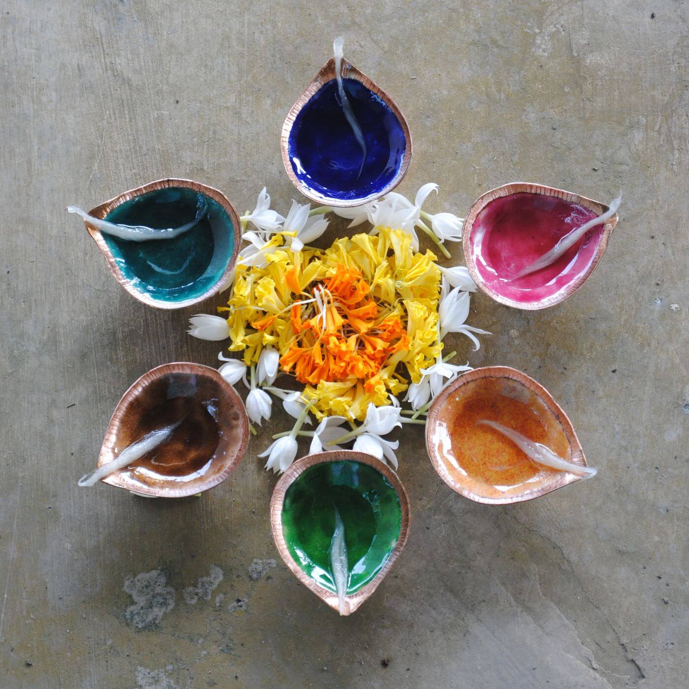 Copper Enamel Colorful Teardrop Diyas I Set of 6 – Zwende