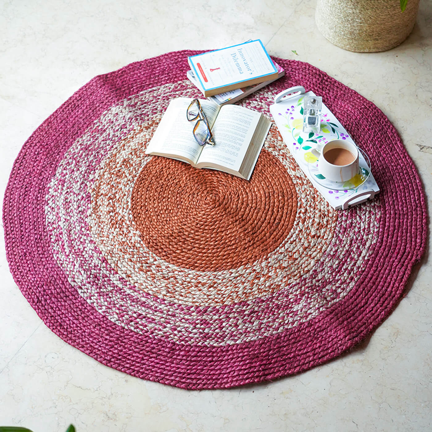 Buy Naturally Dyed Round Jute Carpet - Multicolour & Red Online On Zwende