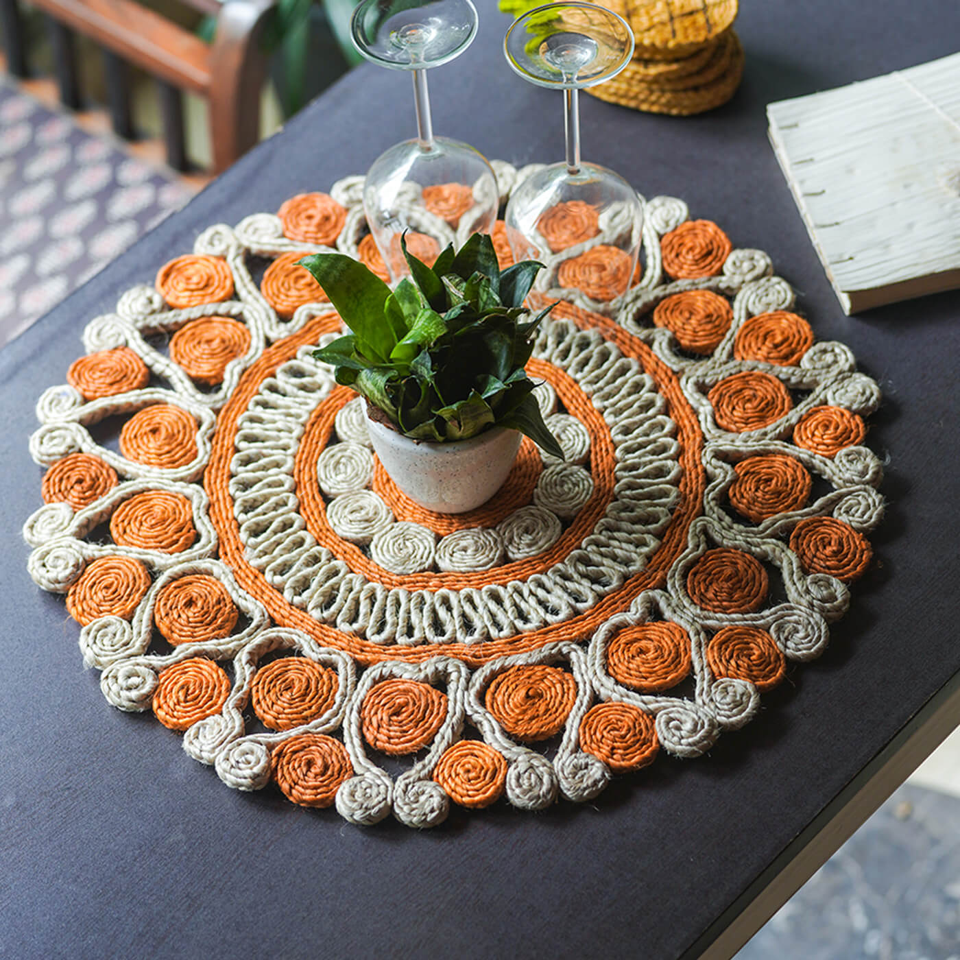 Buy Handwoven Natural & Oragne Multipurpose Mat - Hearts & Rounds ...