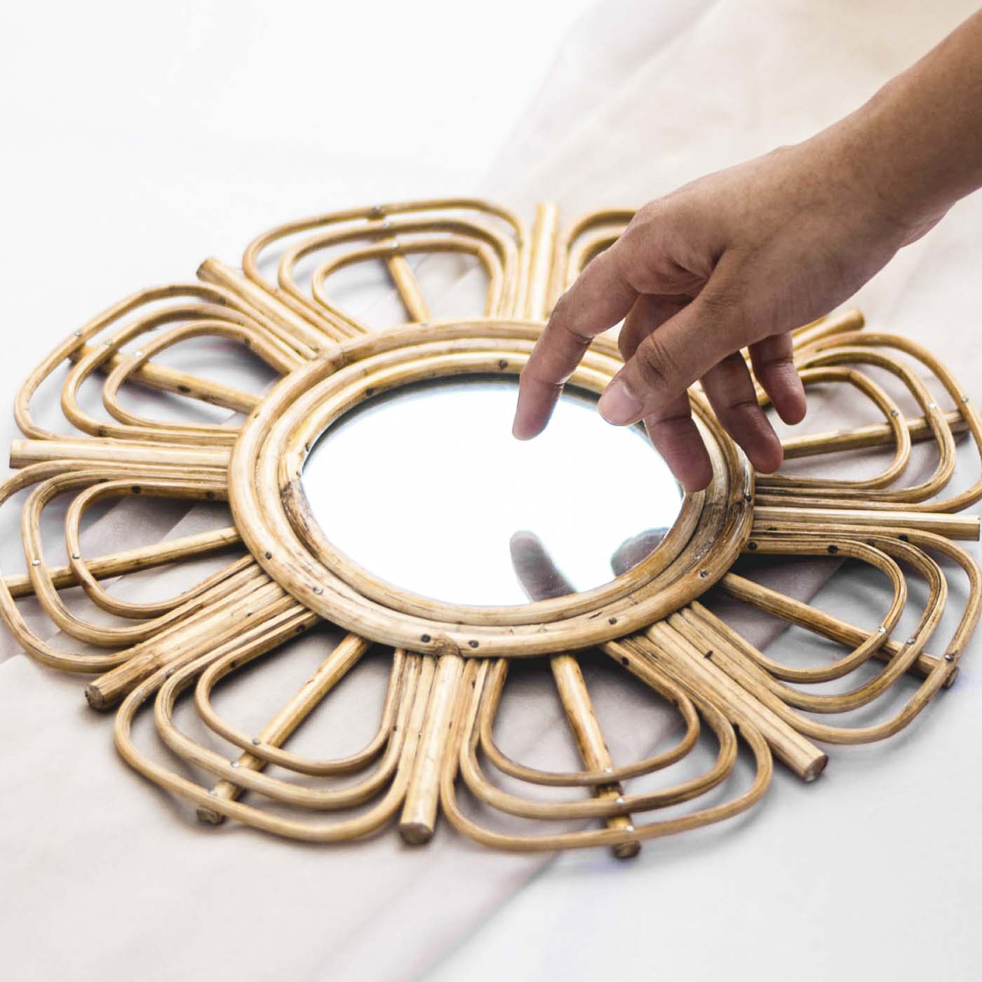 Buy Rattan Cane Mirror - Flowery White Online On Zwende