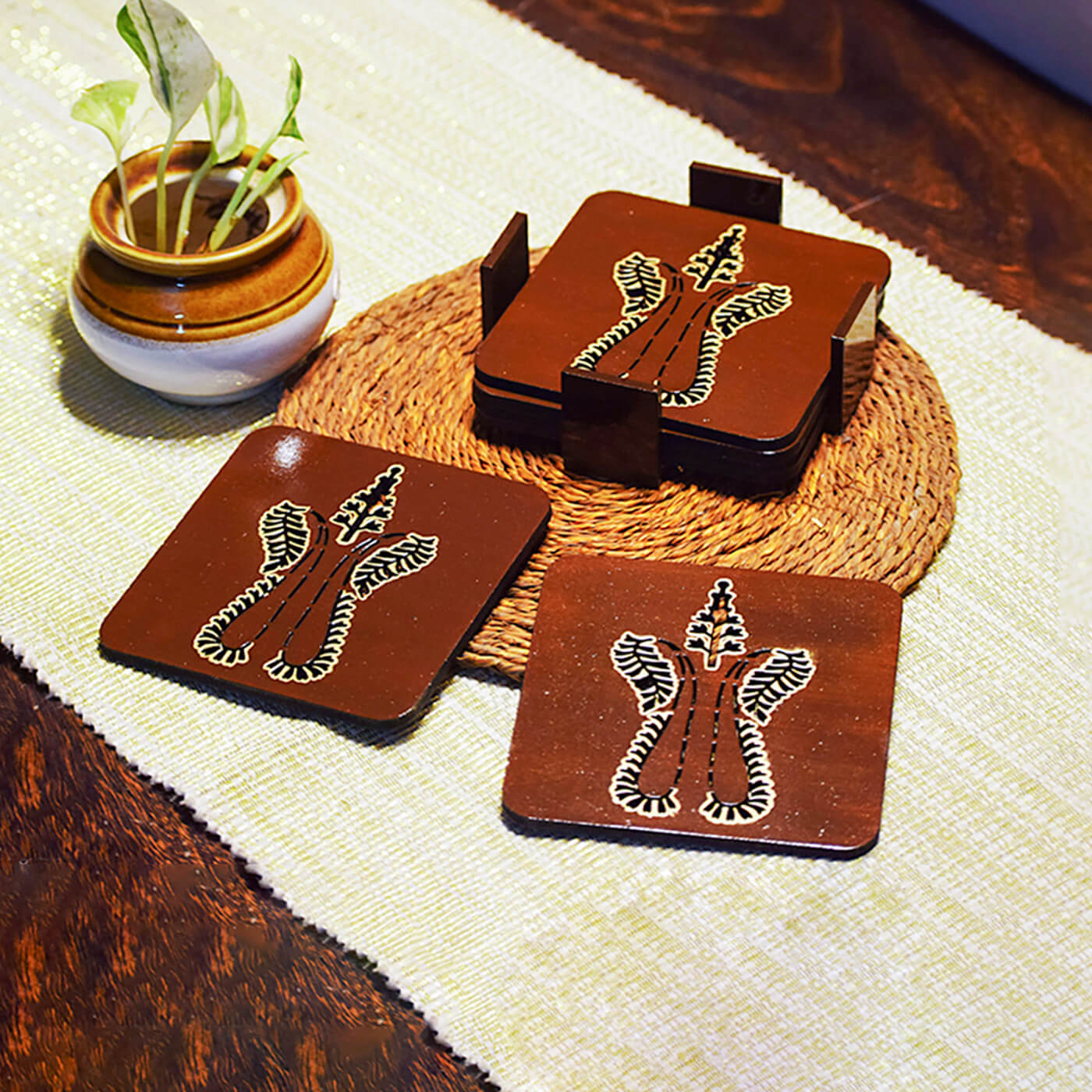 Buy Handpainted MDF Brown Jaali Coasters | Set of 6 Online On Zwende