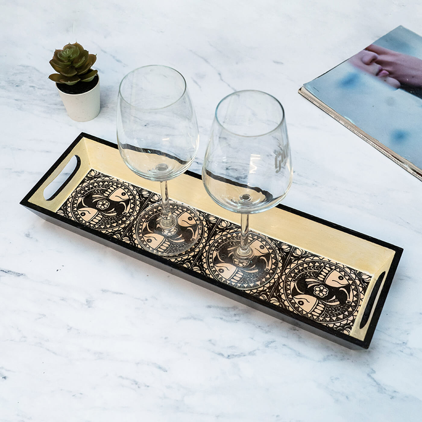 Buy Ethnic Decoupage Madhubani Fish MDF Tray - Narrow Online On Zwende