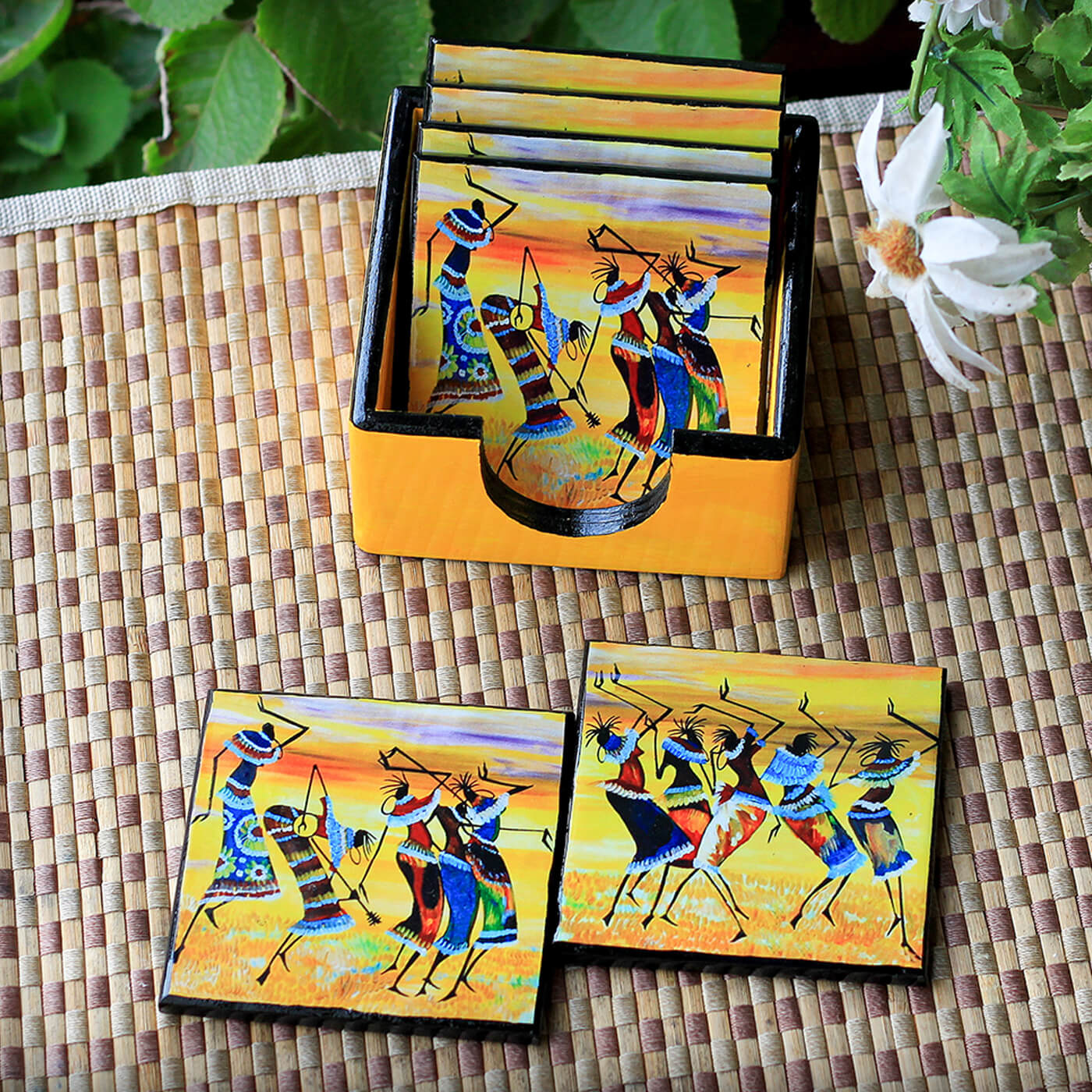 Buy Decoupage Pine Wood African Dance Coasters | Set of 6 Online On Zwende