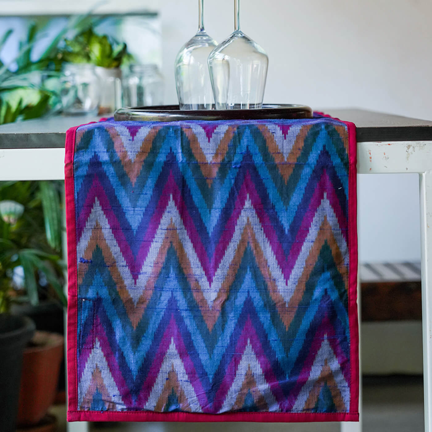 Silk Table Runner in Blue Ikat – Zwende