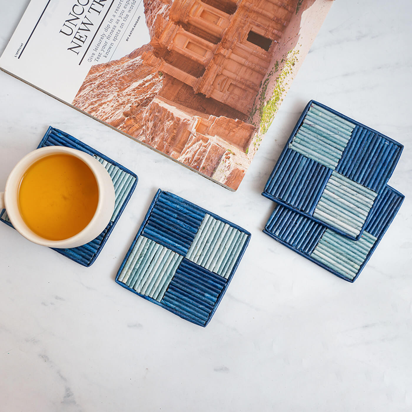 Buy Handmade Upcycled Square Coasters Blue - Set of 4 Online On Zwende