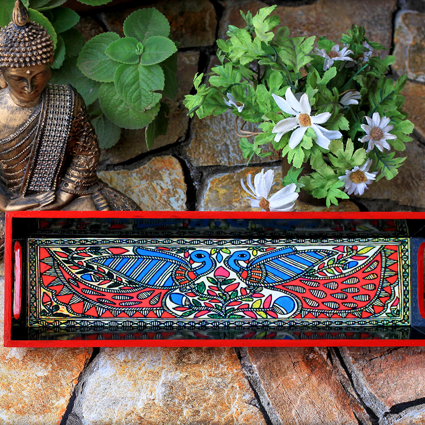 Buy Ethnic Decoupage Madhubani Peacock MDF Tray - Narrow Online On Zwende