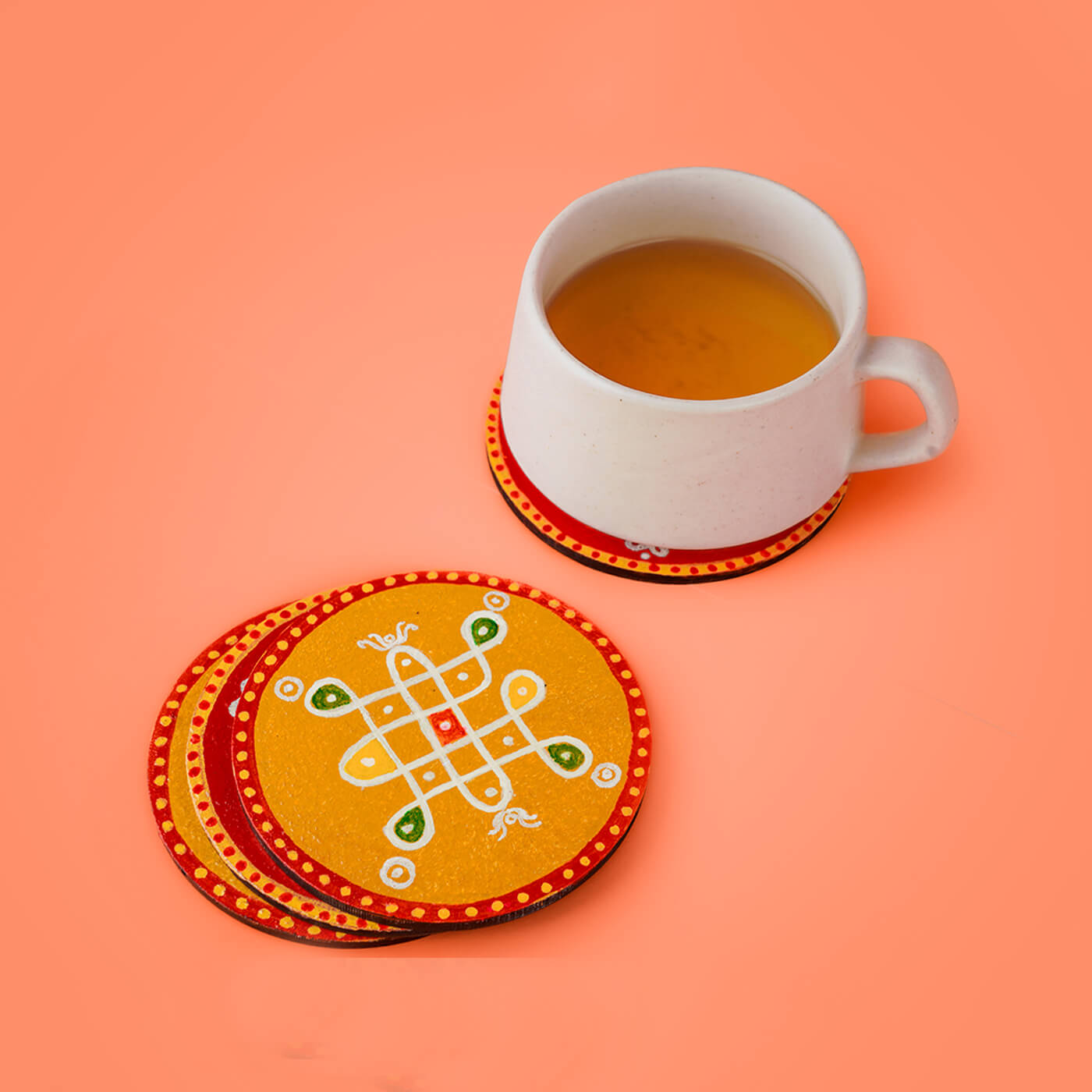 Buy Red & Yellow Handpainted MDF Round Kolam Tile cum Coaster - Set of 4 Online On Zwende