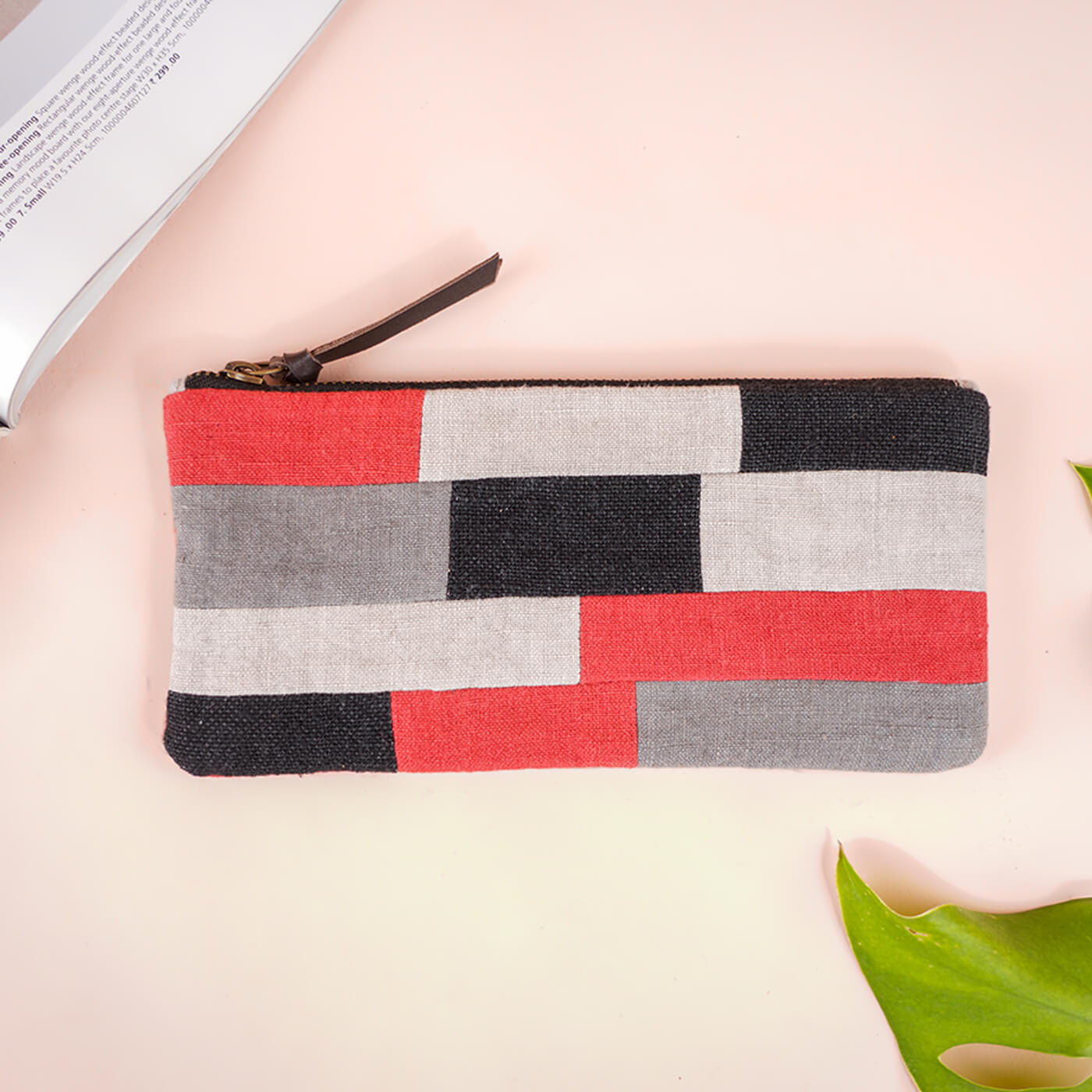 Buy Upcycled Red & Grey Patchwork Stationary Pouch Online On Zwende