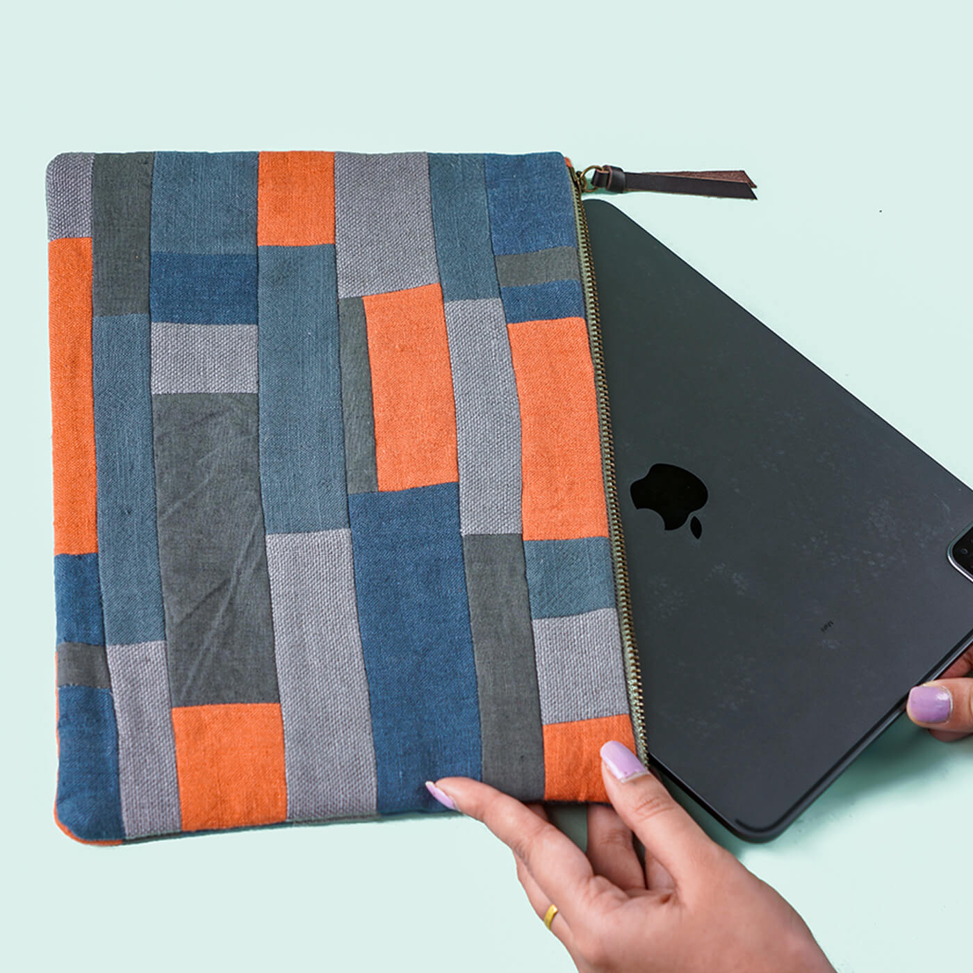 Buy Repurposed Fabric iPad Sleeve - Orange & Grey Online On Zwende