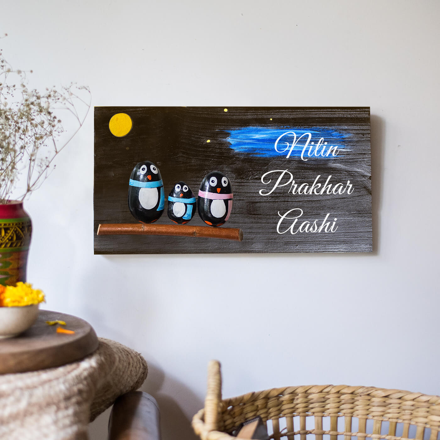Buy Hand-painted Pebble Art Nameboard For Family Of 3 Online On Zwende
