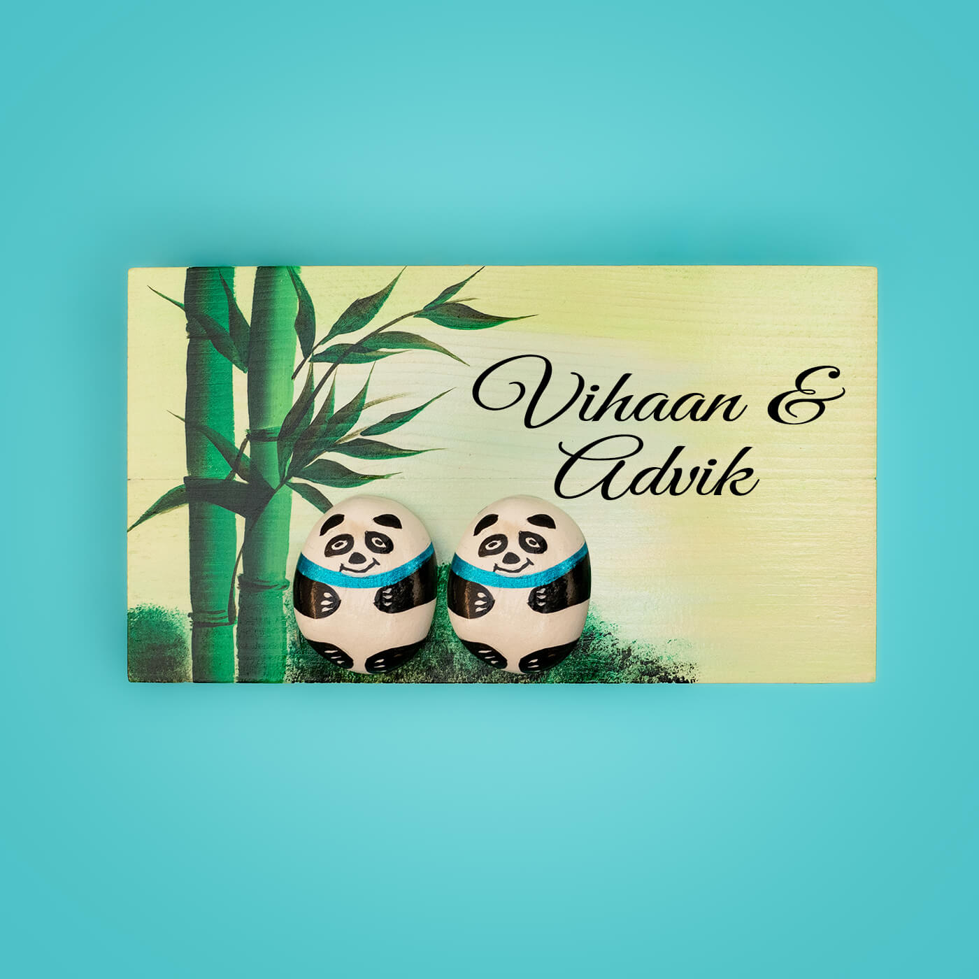 Buy Handpainted Panda Pebble Art and Wood Kids Nameboard Online On Zwende