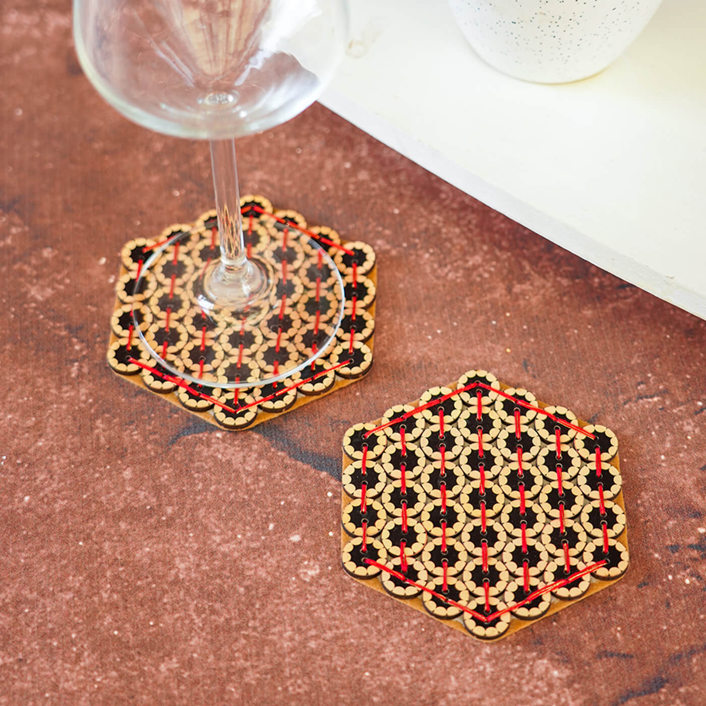Buy Handcrafted Hexagonal Button Coasters - Set of 2 Online On Zwende