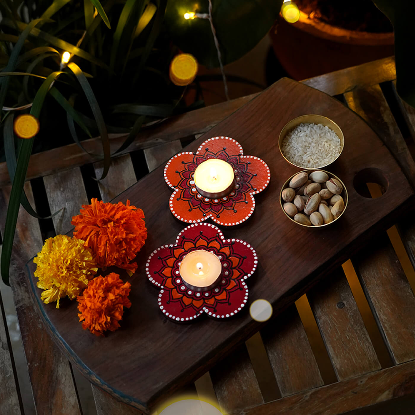 Buy Handpainted MDF Five Petal Red & Orange Tealight Holders Online On ...