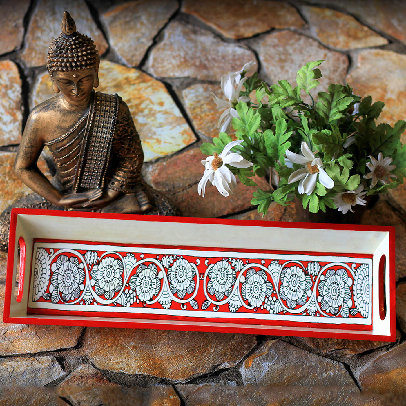 Buy Ethnic Decoupage Tholu Red Flower MDF Tray - Narrow Online On Zwende