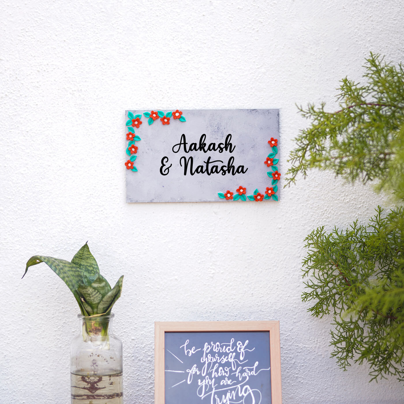 Buy Clay Nameplate for Couples - Red & Green Florals Online On Zwende